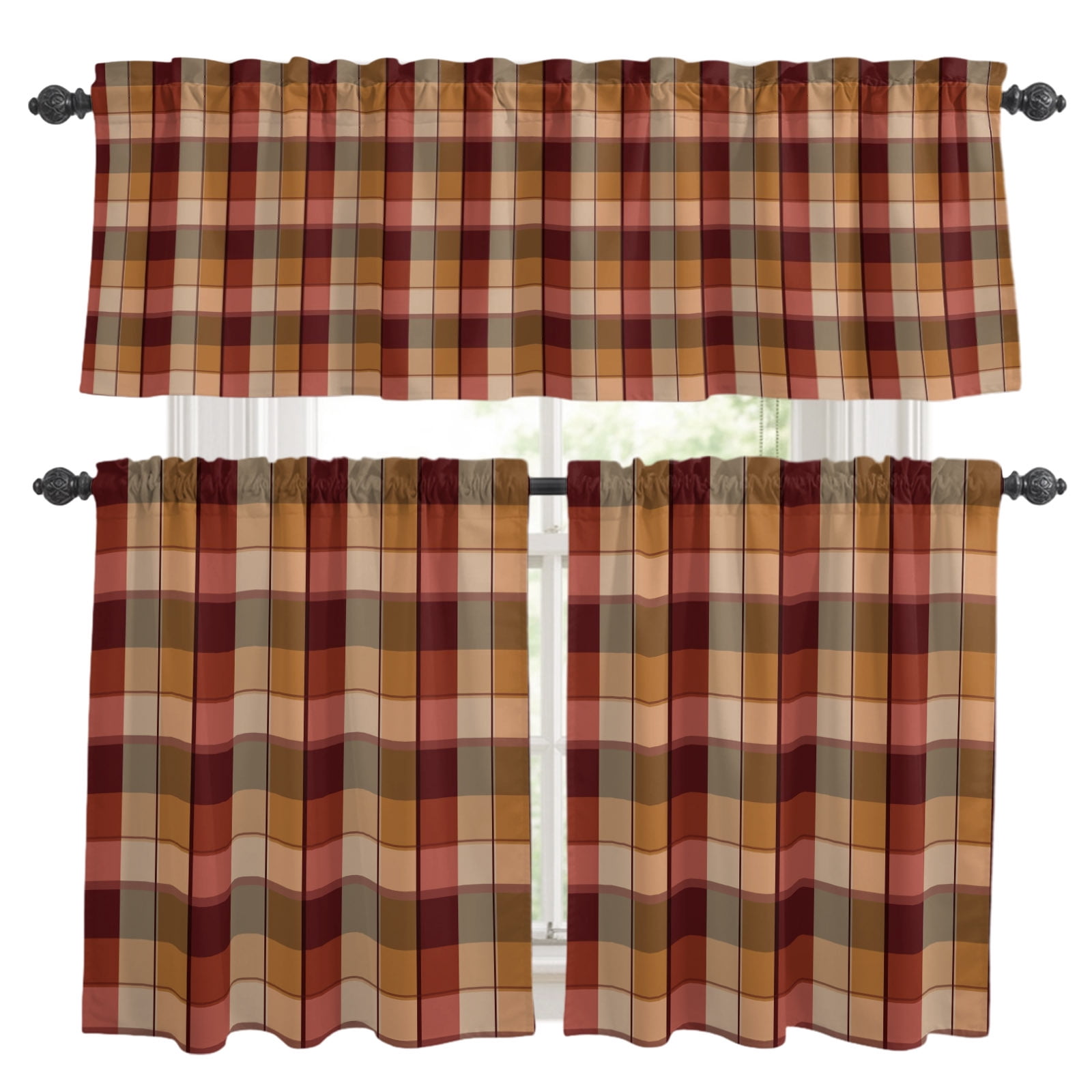 Brown Buffalo Plaid Kitchen Curtains Set for Windows, Red Geometric ...