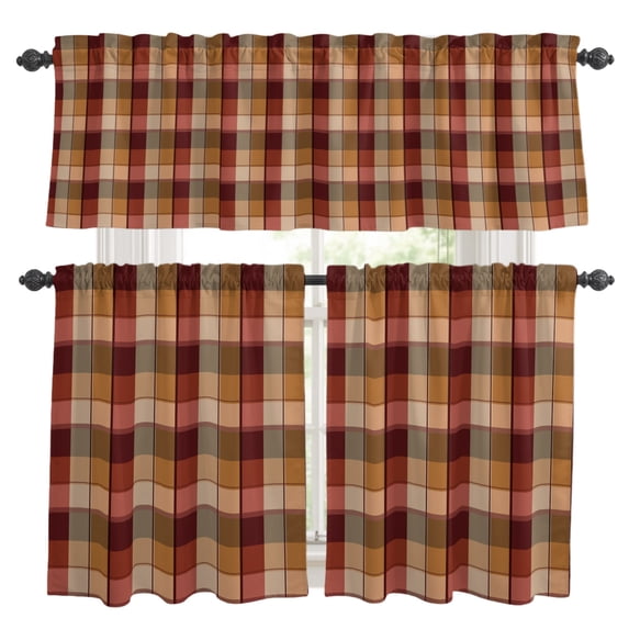 Brown Buffalo Plaid Kitchen Curtains Set for Windows, Red Geometric ...