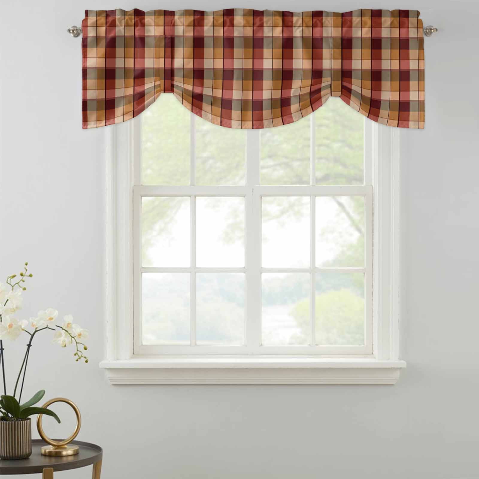Brown Buffalo Plaid Tie Up Valances Curtain, Red Geometric Check ...