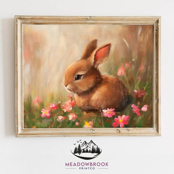 Brown Bunny In Wildflowers, Easter Rabbit Printable, Vintage Spring ...