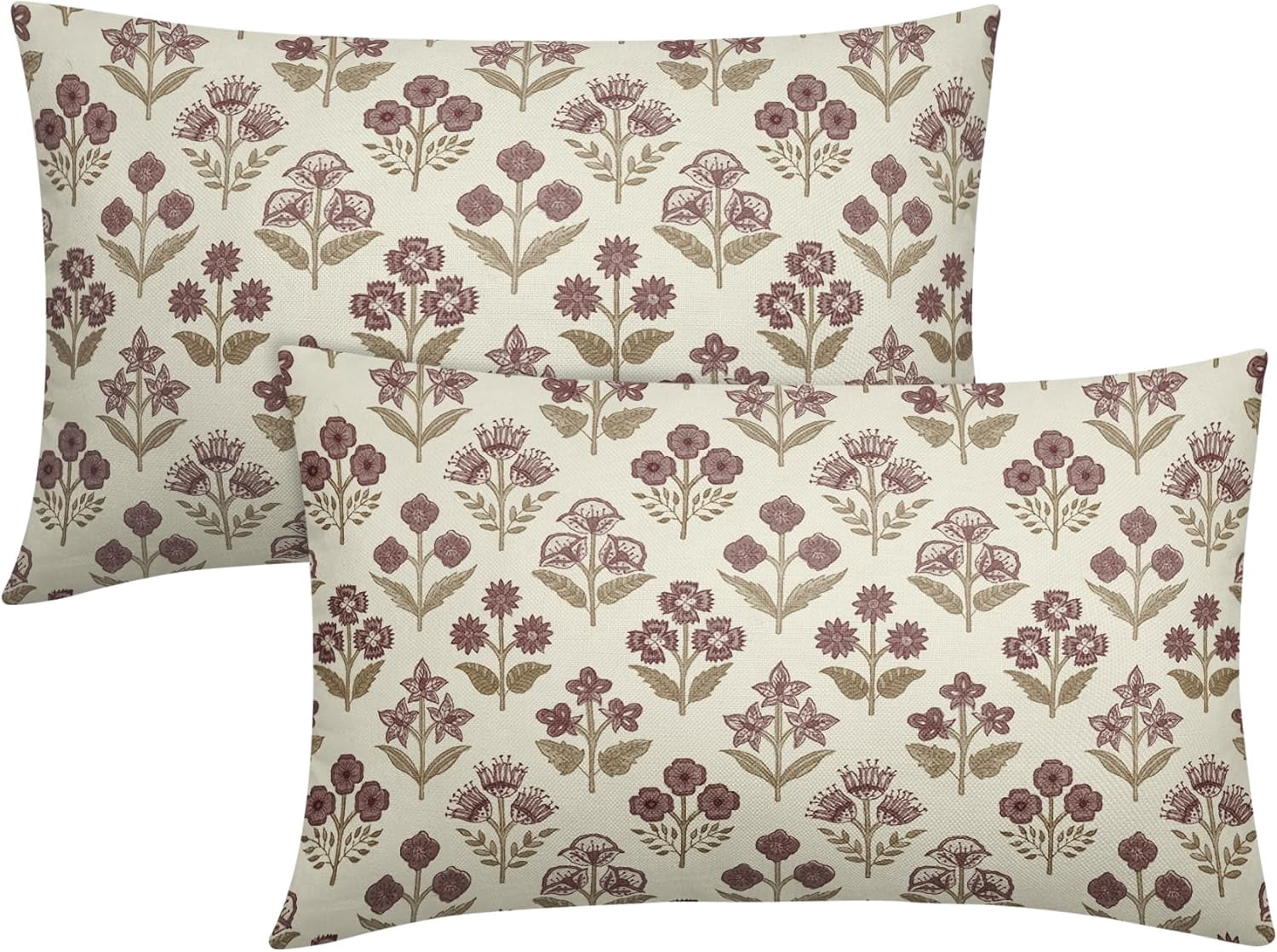 Brown Burgundy Floral Pillow Covers 12x20 Inch Set of 2, Block Print ...
