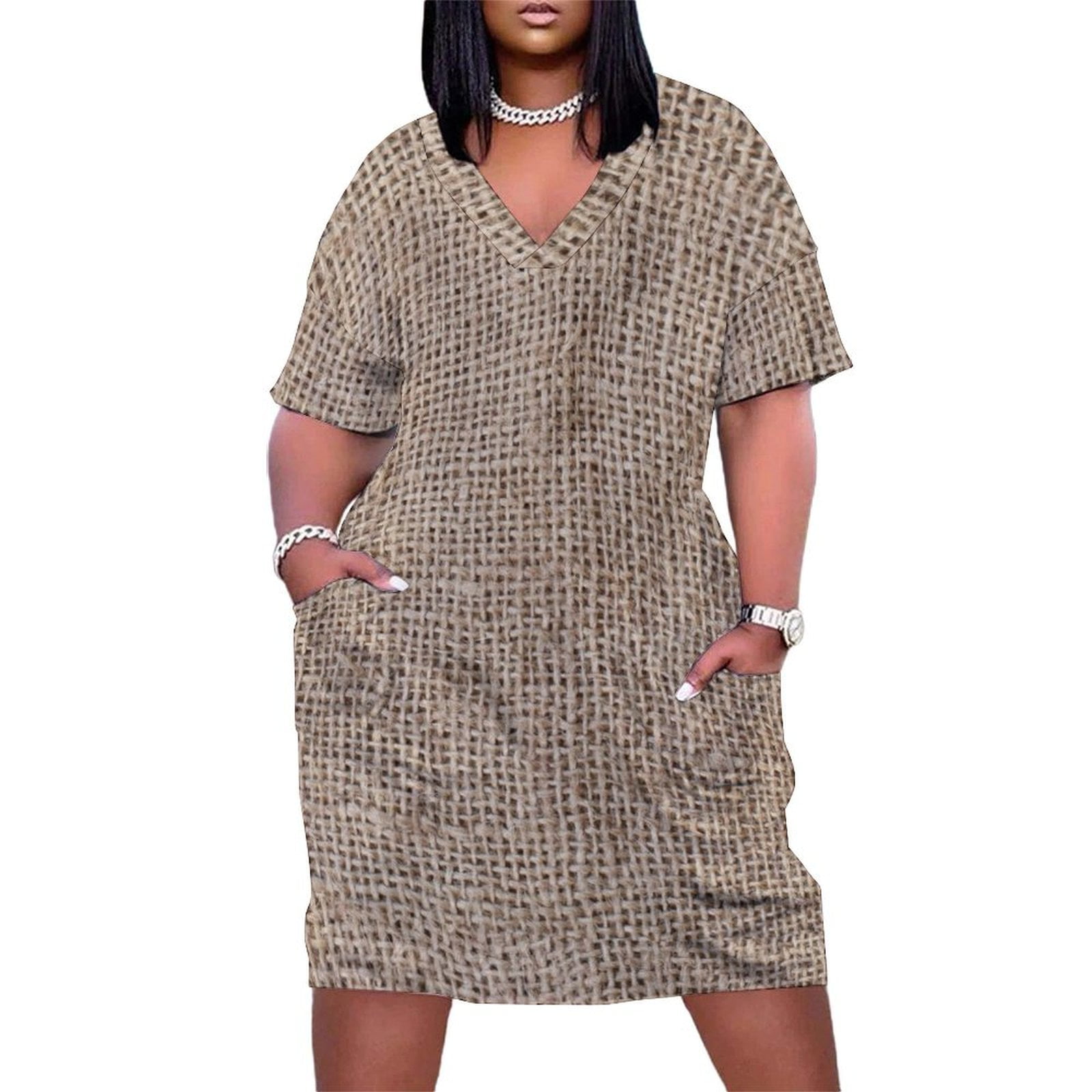 Brown Burlap Design Loose Pocket Dress Prom gown women dresses Female ...