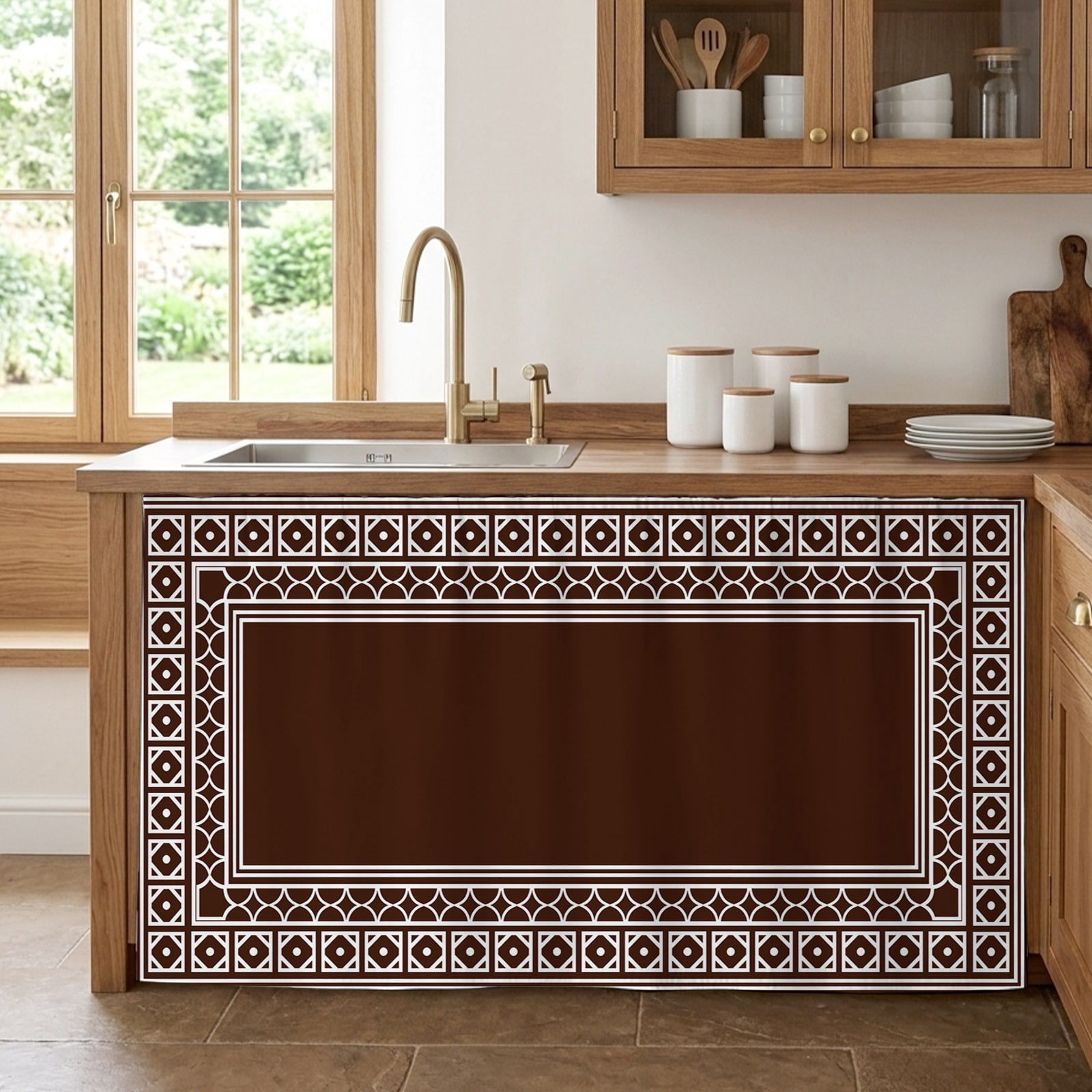Brown Cabinet Curtains 32" W x 55" L, Boho Diamond Pattern Border ...