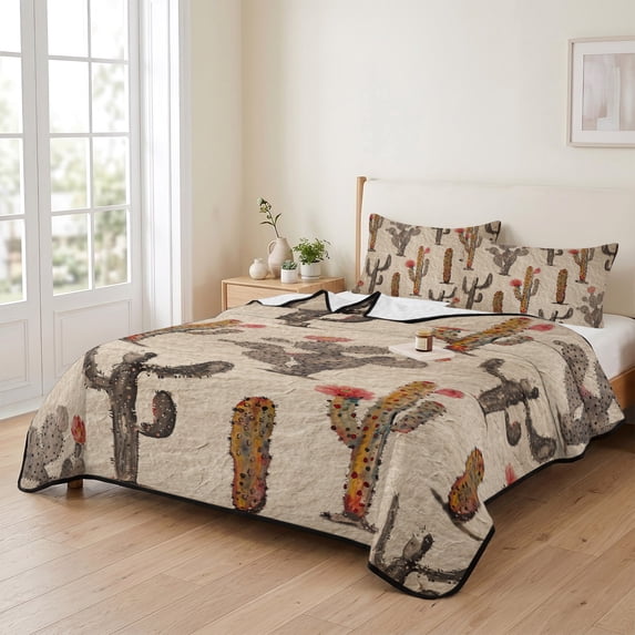 Brown Cactus Red Flowers Vintage Back 3 Pieces Quilt Set,1 Quilt with 2 ...