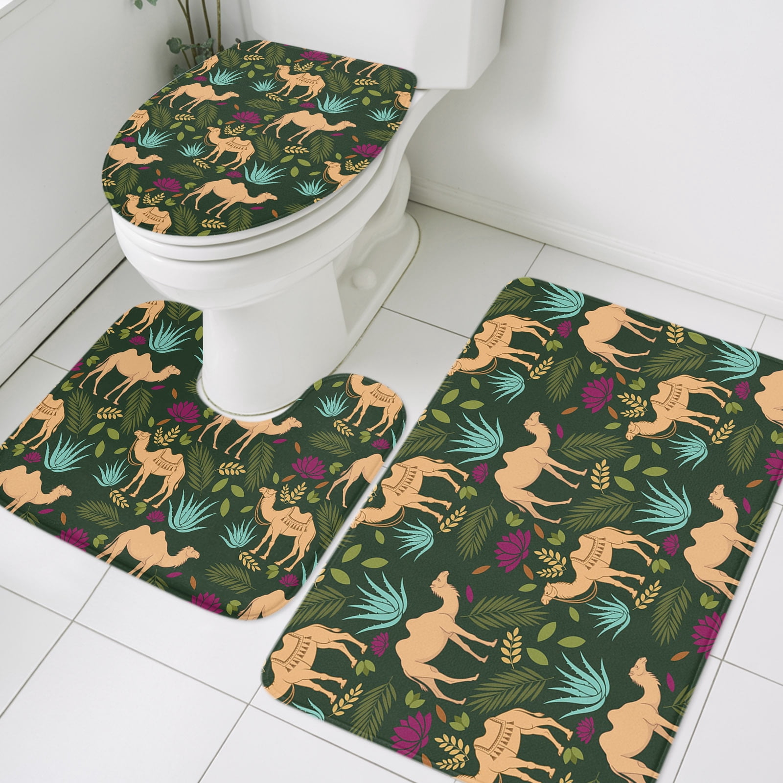Brown Camels Bathroom Rugs Set Retro Date Coconut Tree Leaf Blue Aloe ...