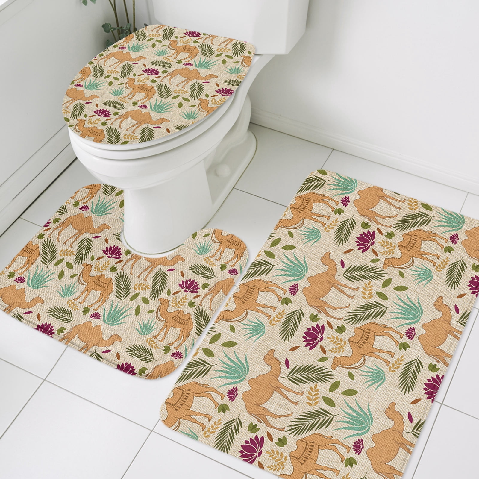 Brown Camels Bathroom Rugs Set Retro Date Coconut Tree Leaf Red Aloe ...