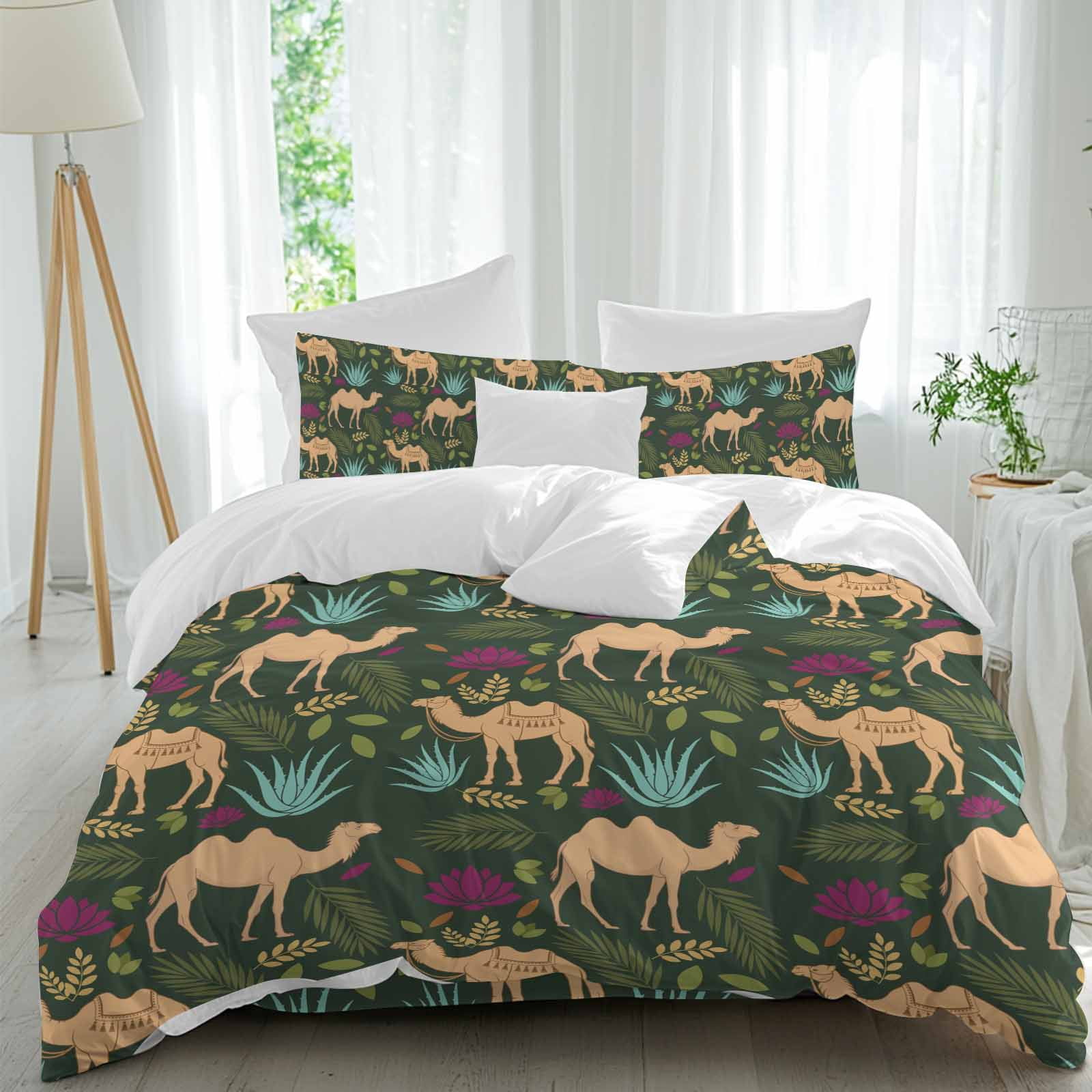 Brown Camels Duvet Cover Set Twin Size, Retro Date Coconut Tree Leaf ...
