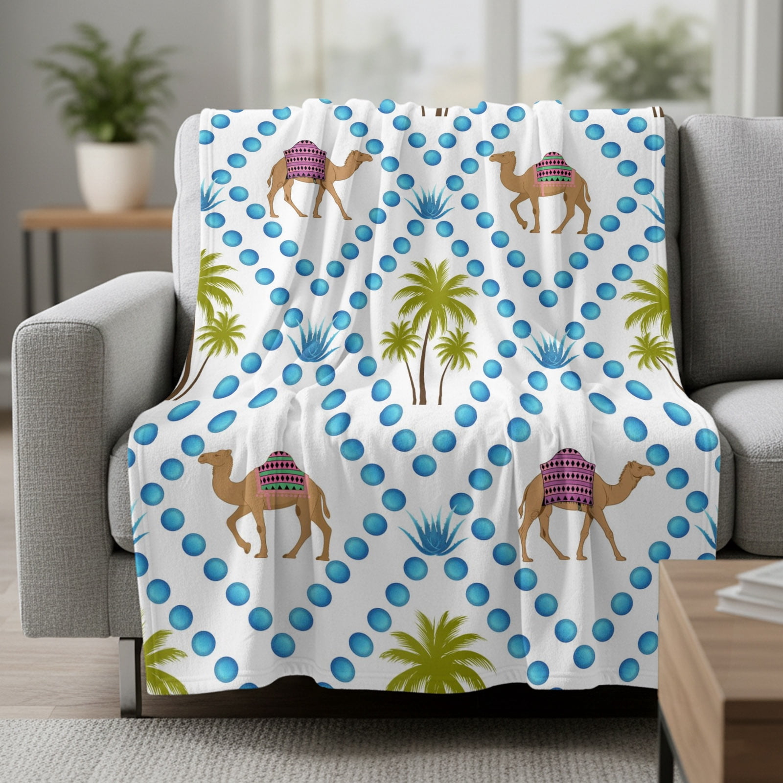 Brown Camels Fleece Throw Blanket Date Coconut Tree Aloe Vera Blue ...