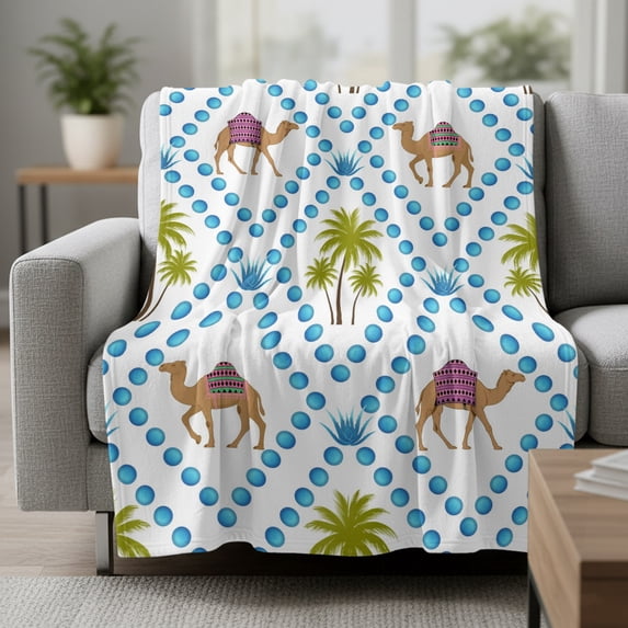 Brown Camels Fleece Throw Blanket Date Coconut Tree Aloe Vera Blue ...