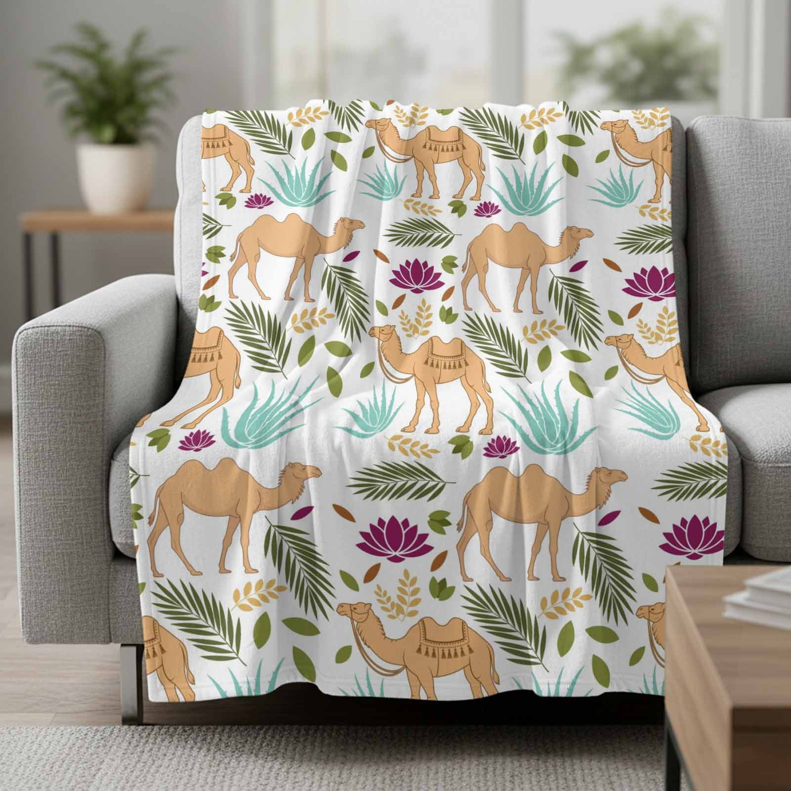 Brown Camels Fleece Throw Blanket Retro Date Coconut Tree Leaf Blue ...