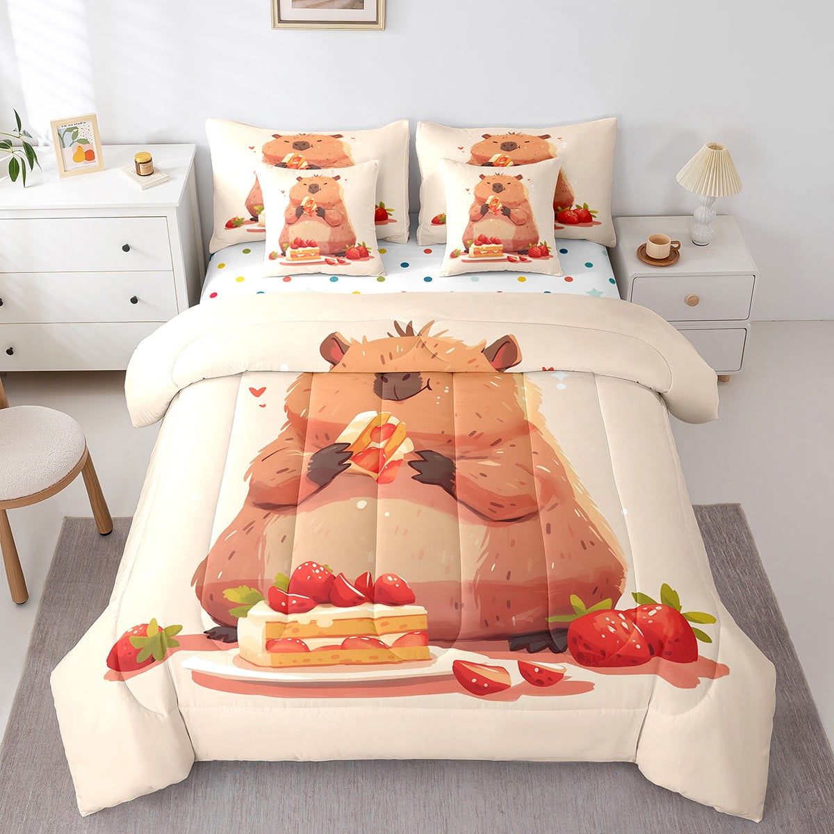 Brown Capybara Bedding Set Sweet Cake Food Decor Full Comforter ...