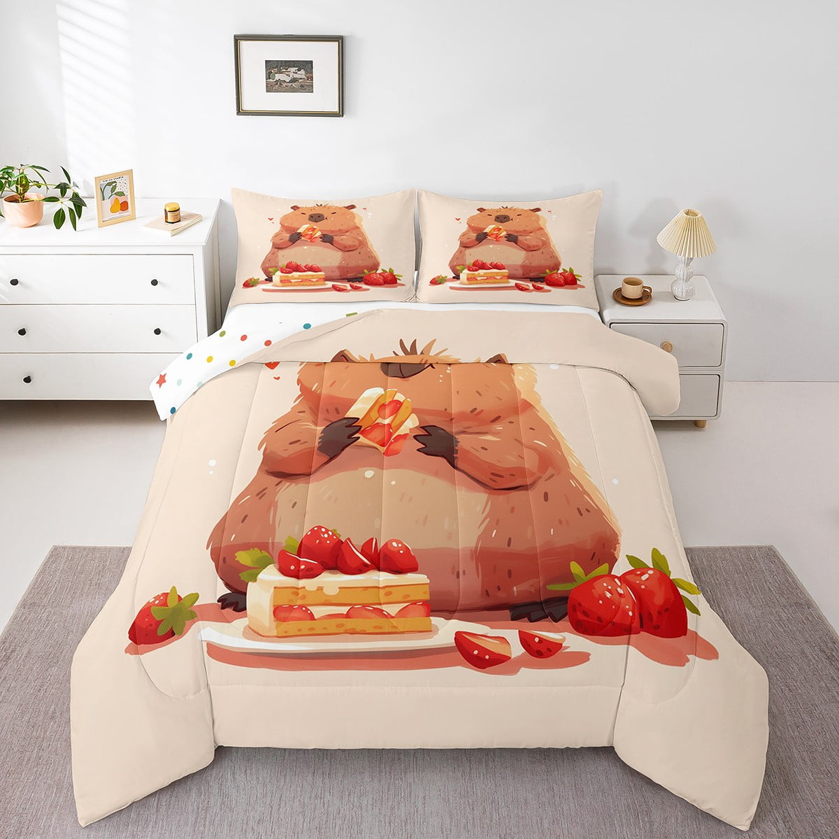 Brown Capybara Bedding Set Sweet Cake Food Decor Queen Comforter Sets ...