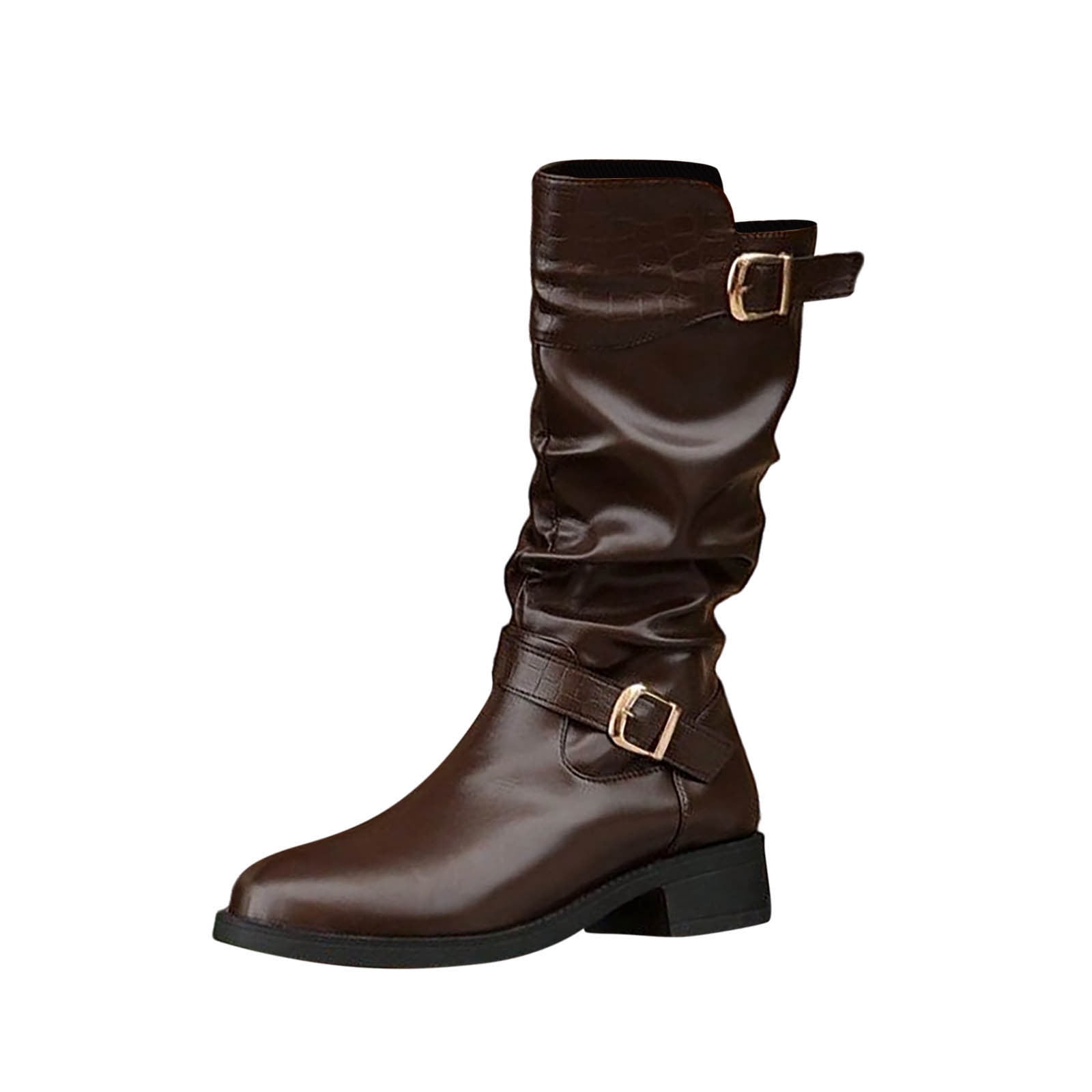 Brown Casual Pleated Pile Boots Round Toe Thick Heel Belt Buckle Mid ...