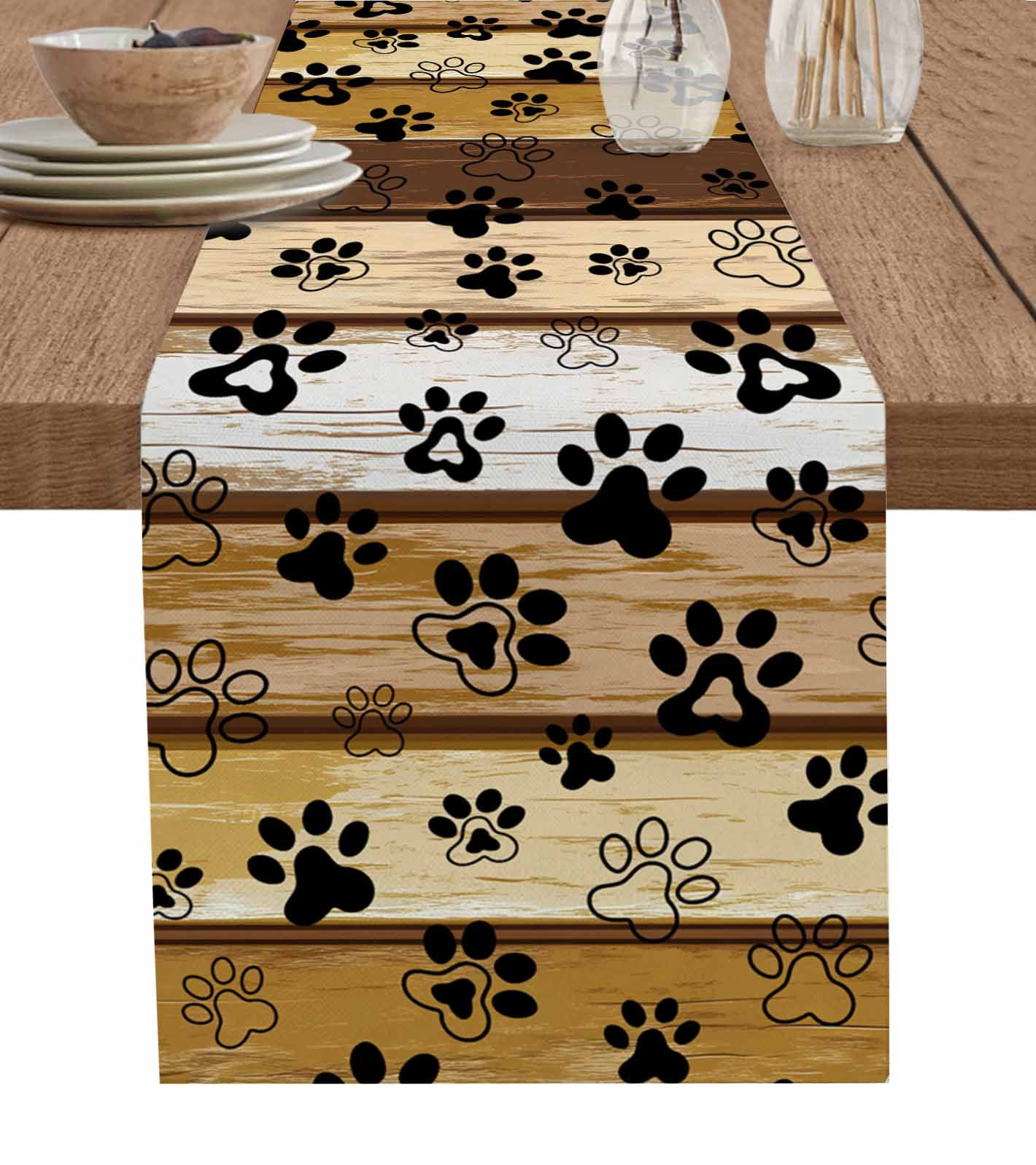 Brown Cat Paw Print Burlap Cotton Table Runner 13x90 Inches Long ...