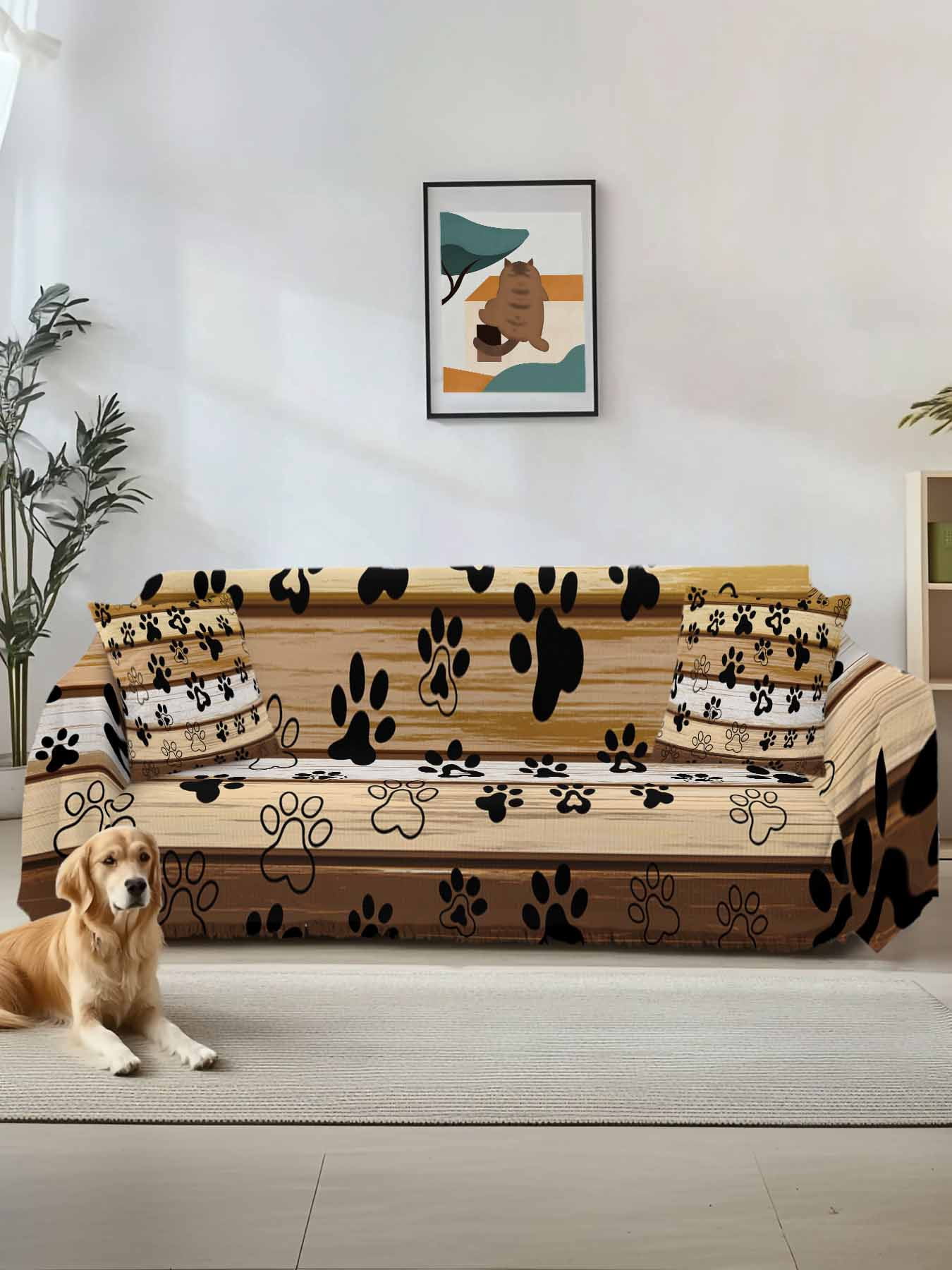 Brown Cat Paw Print Couch Cover, Vintage Farmhouse Country Wooden Grain ...