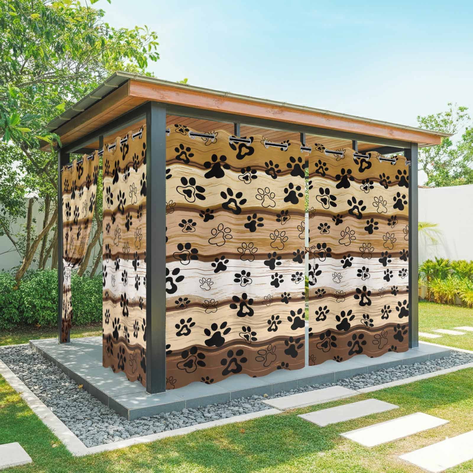 Brown Cat Paw Print Outdoor Curtains for Patio Waterproof,Windproof ...