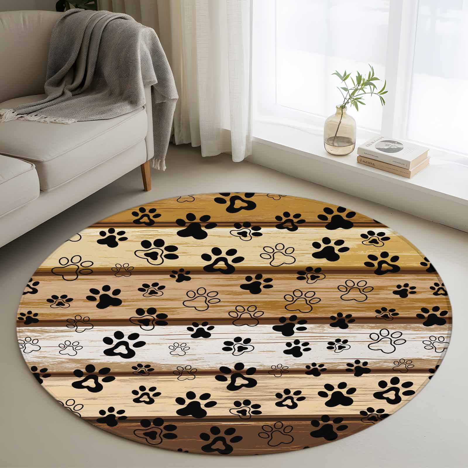 Brown Cat Paw Print Round Area Rug 4 FT,Non Slip Indoor Outdoor Rug ...