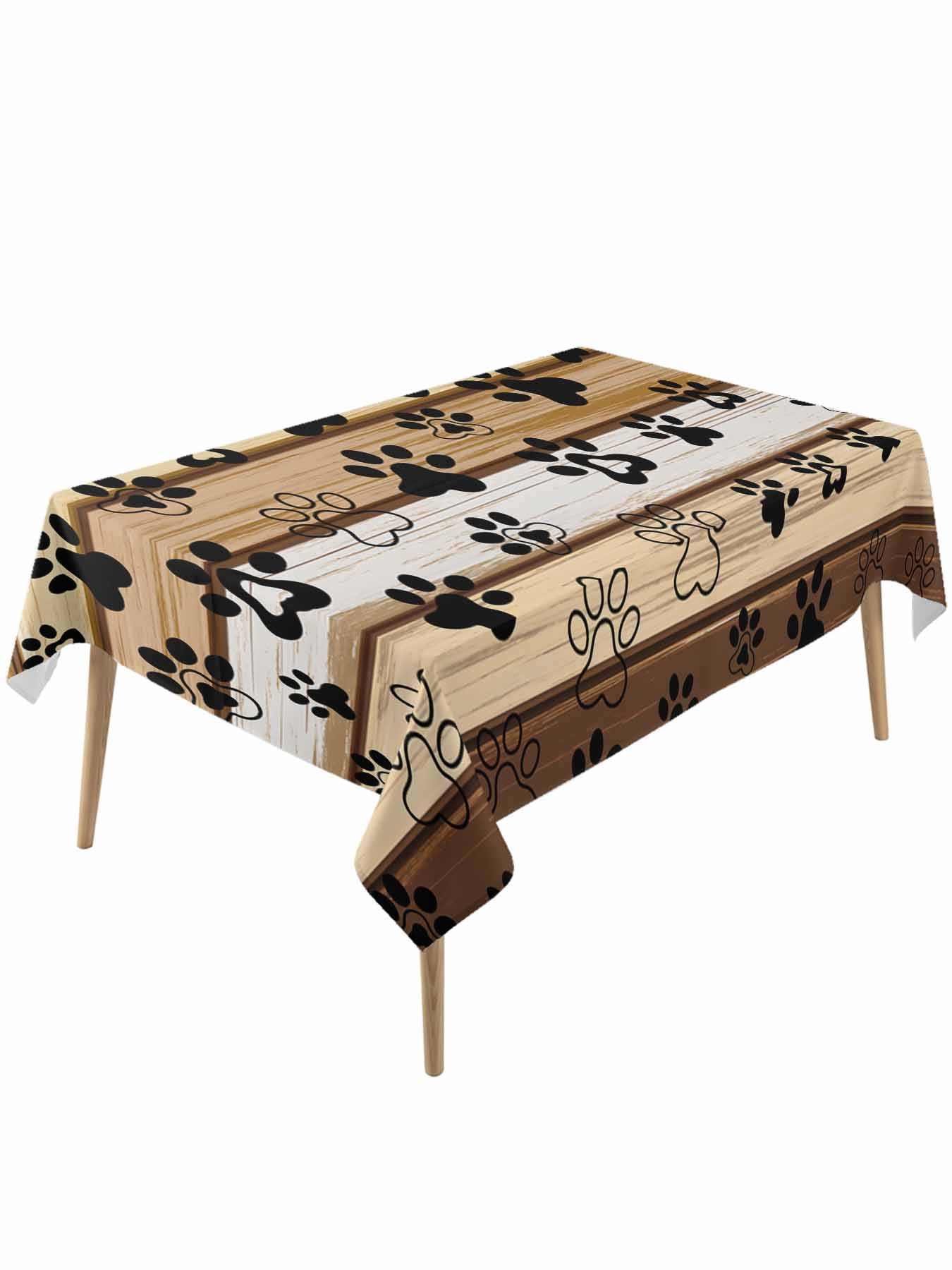Brown Cat Paw Print Table Cloth, Vintage Farmhouse Country Wooden Grain ...