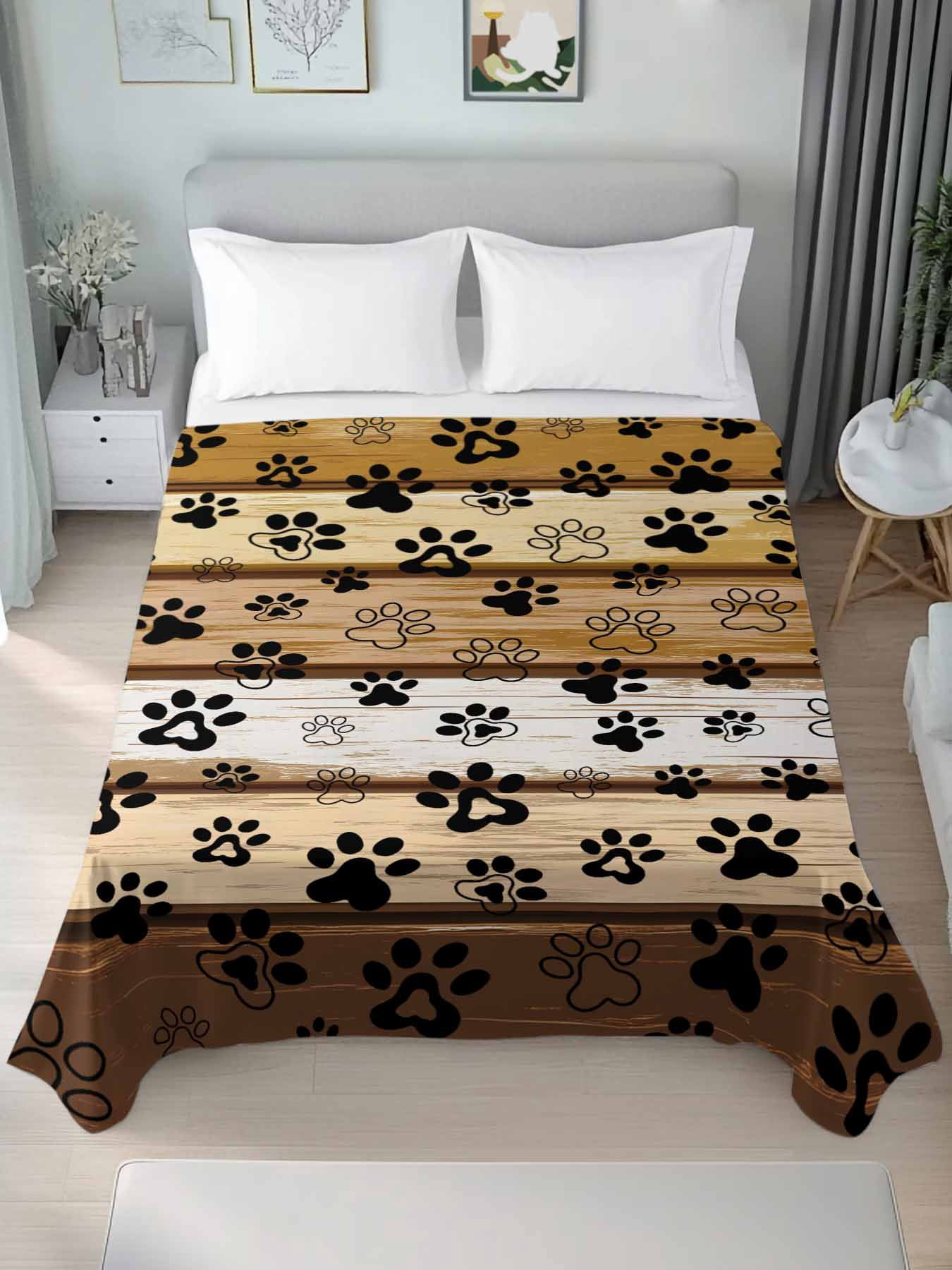 Brown Cat Paw Print Twim Size Flat Sheet, Wrinkleproof & Fadeproof ...