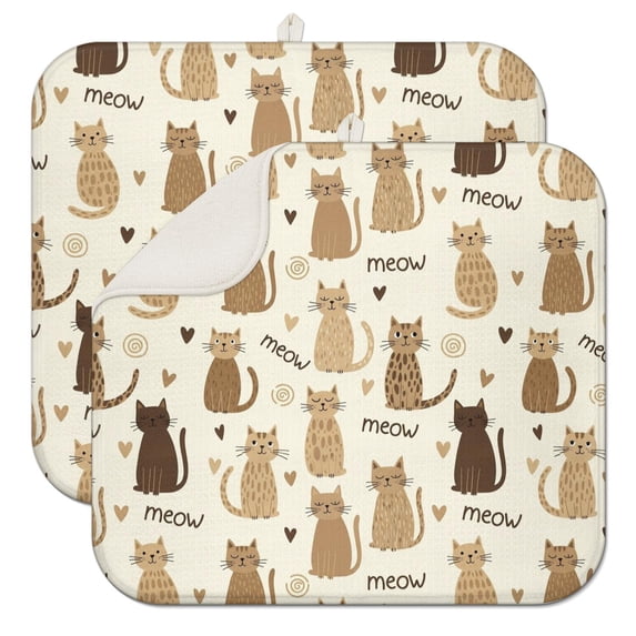 Brown Cat And Heart Beige Pattern 2 Pack Kitchen Dish Drying Mat Ultra