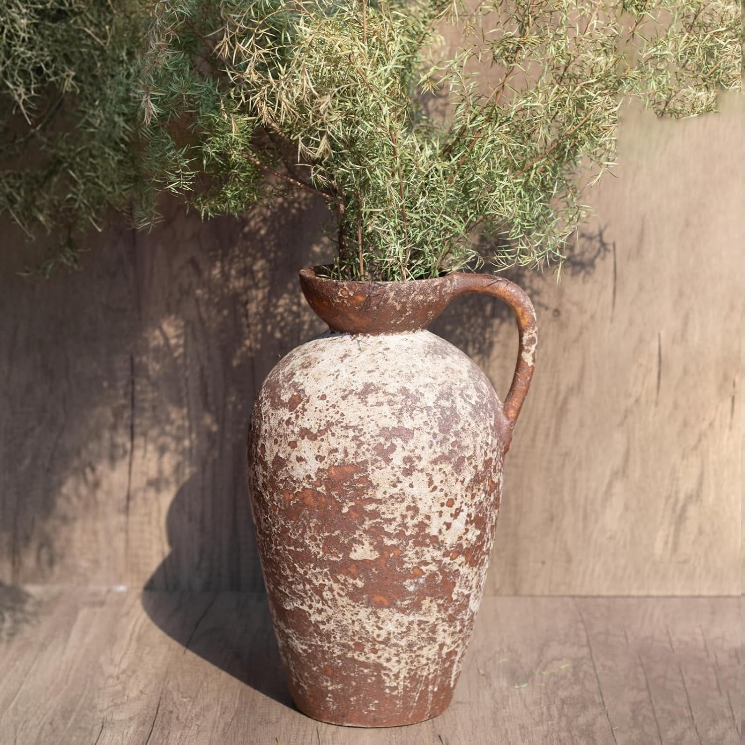 Brown Ceramic Rustic Farmhouse Vase Jug Pitcher with Handle, Distressed ...