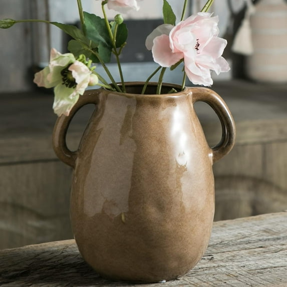 Brown Ceramic Vase with 2 Handles, Modern Farmhouse Decor, Rustic ...