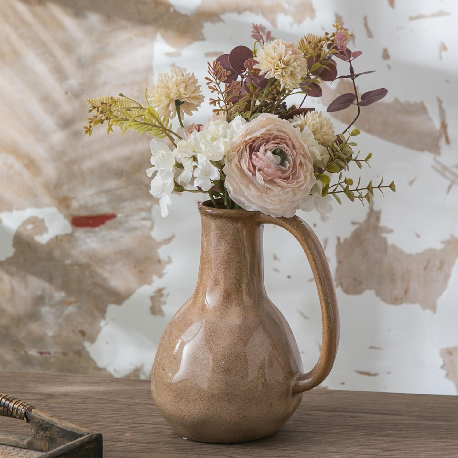 Brown Ceramic Vase with Big Handle, Rustic Pitcher Vase, Modern ...
