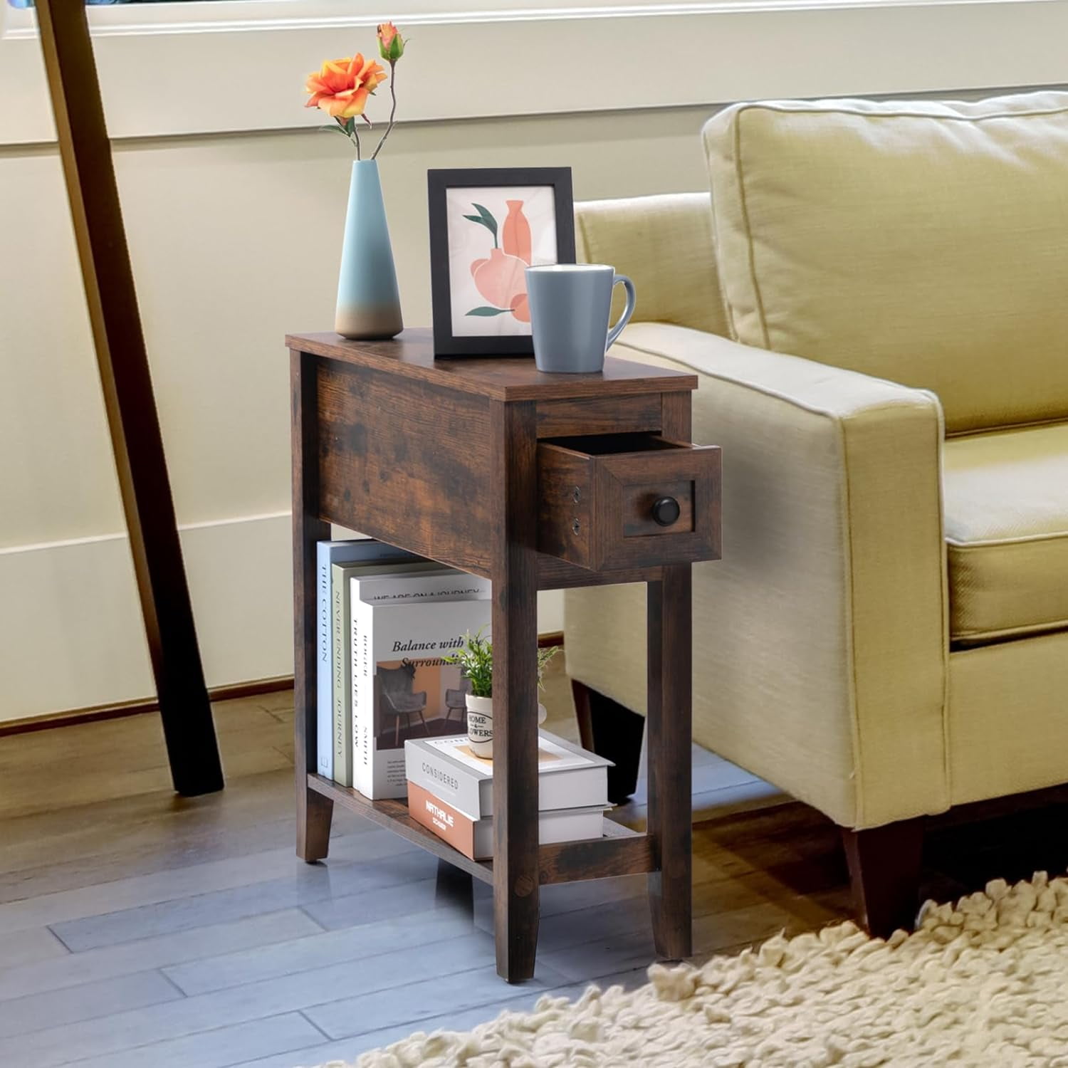 Brown Chairside Narrow End Table, Solid Wood Recliner Side Table with ...