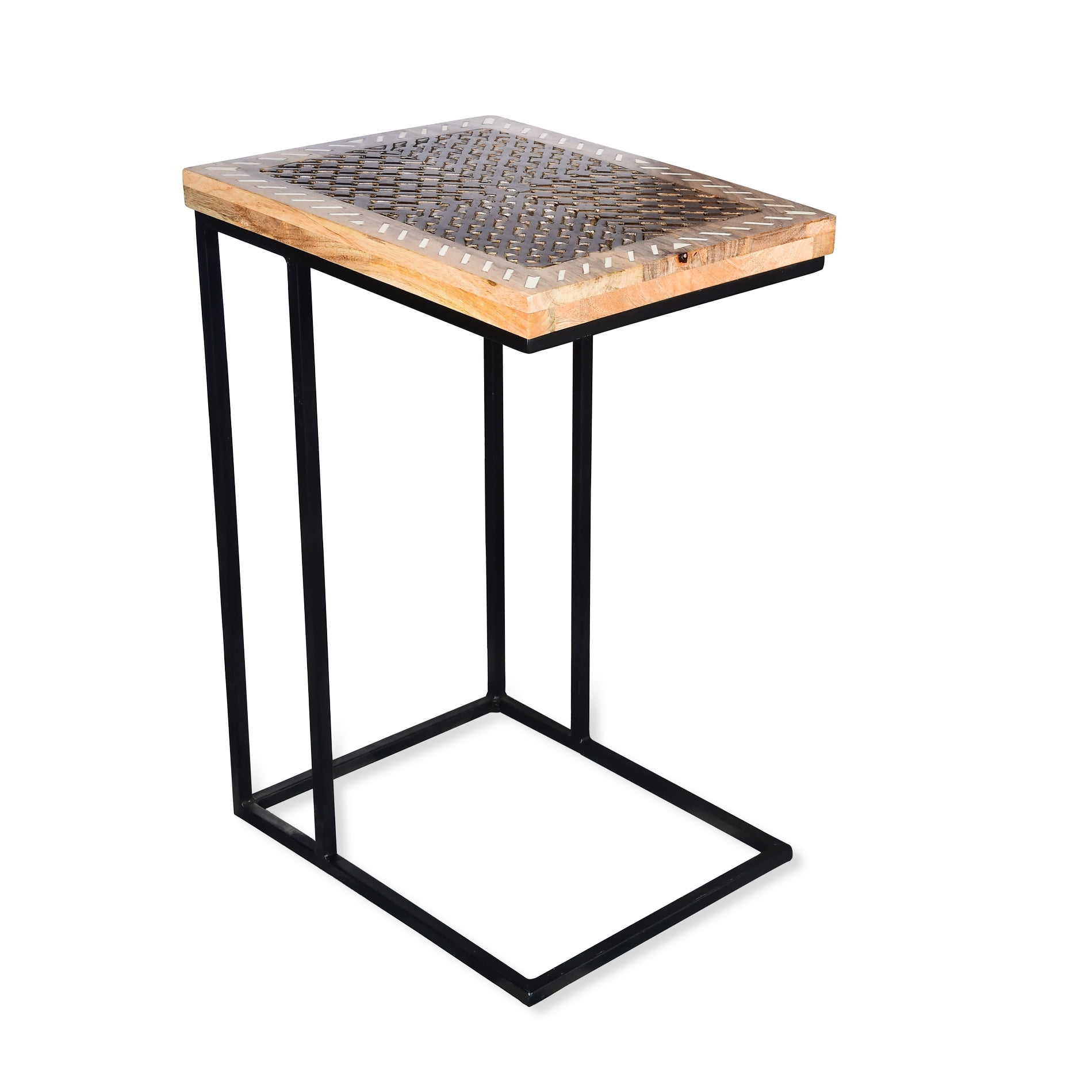 Brown Chairside Server Table, Handmade Mango Wood With Bone Inlay ...