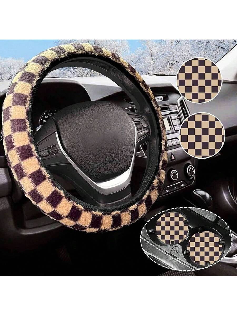 Brown Checke Fuzzy Steering Wheel Cover For Women, Universal Auto ...