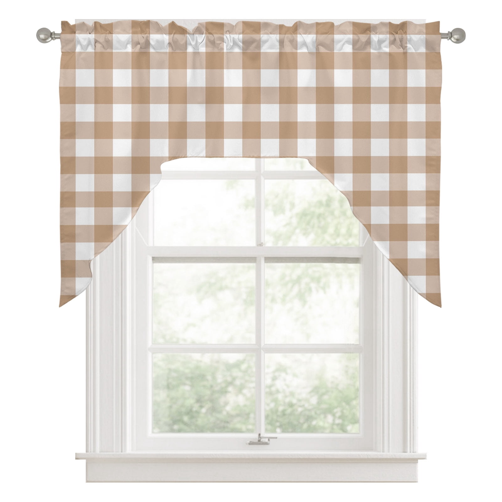 Brown Checked Kitchen Curtains Swag Valance for Windows/Bathroom/Cafe ...