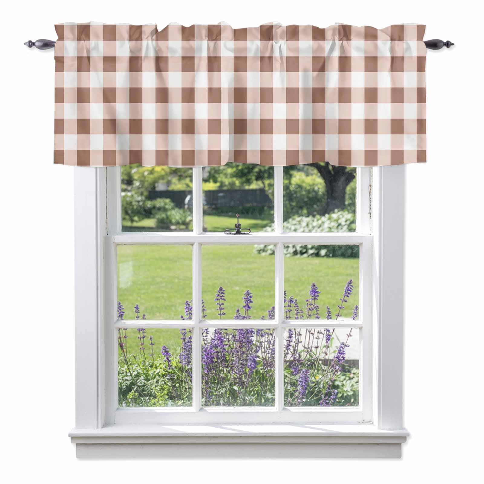 Brown Checkered Kitchen Curtain Valances for Windows Farmhouse Short ...