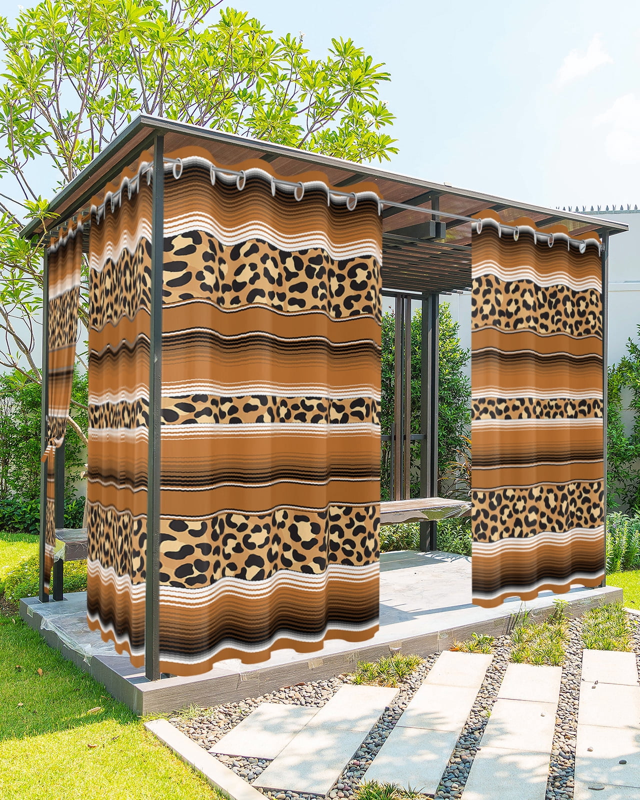 Brown Checkered Leopard Print Outdoor Curtains for Patio, Cheetah ...