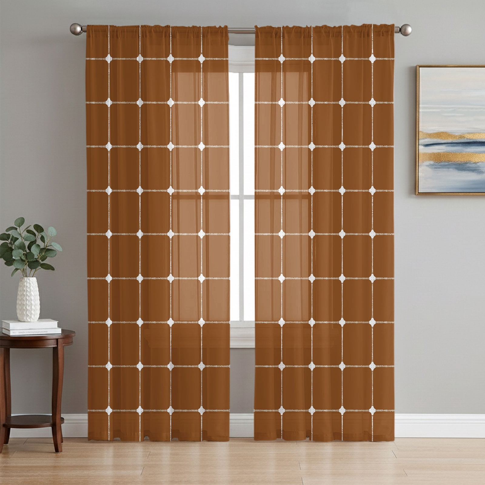 Brown Checkered Sheer Curtains for Living Room Bedroom, Modern ...