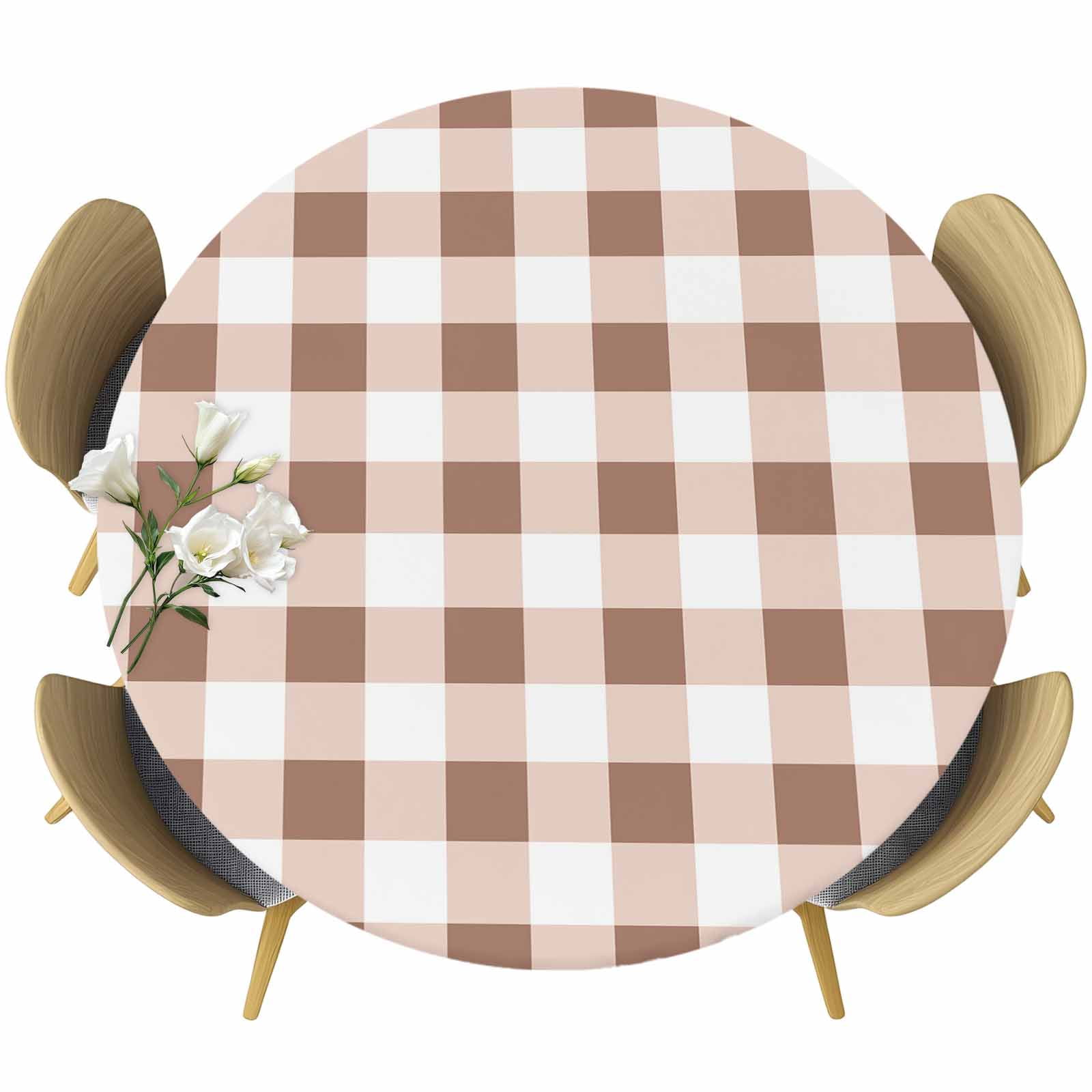 Brown Checkered Table Cloth, Round Fitted Tablecloths with Elastic Edge, Farmhouse Buffalo Plaid ...