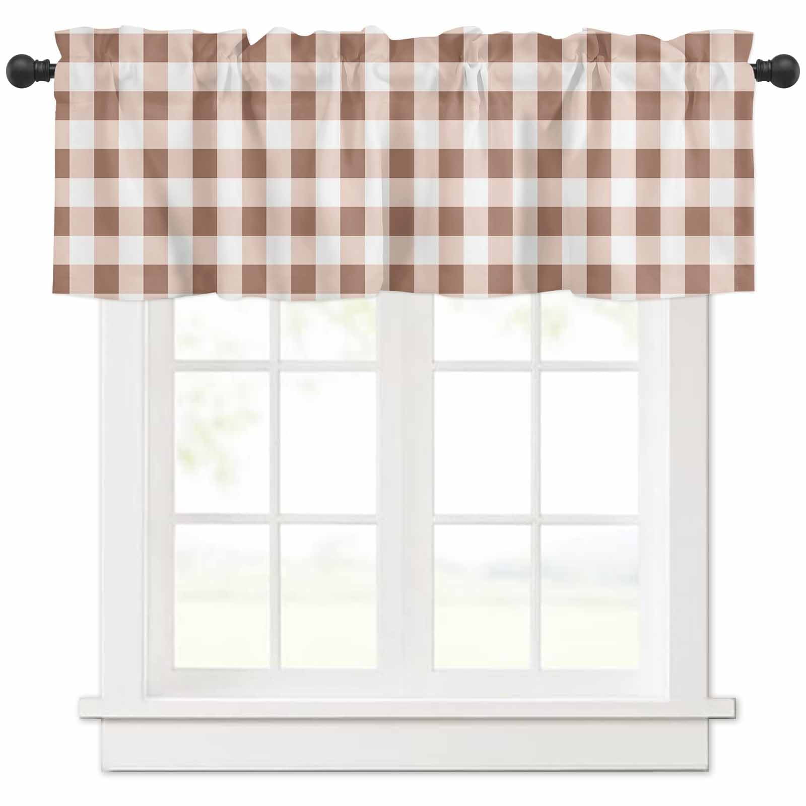Brown Checkered Valances for Windows Farmhouse Kitchen Curtains ...