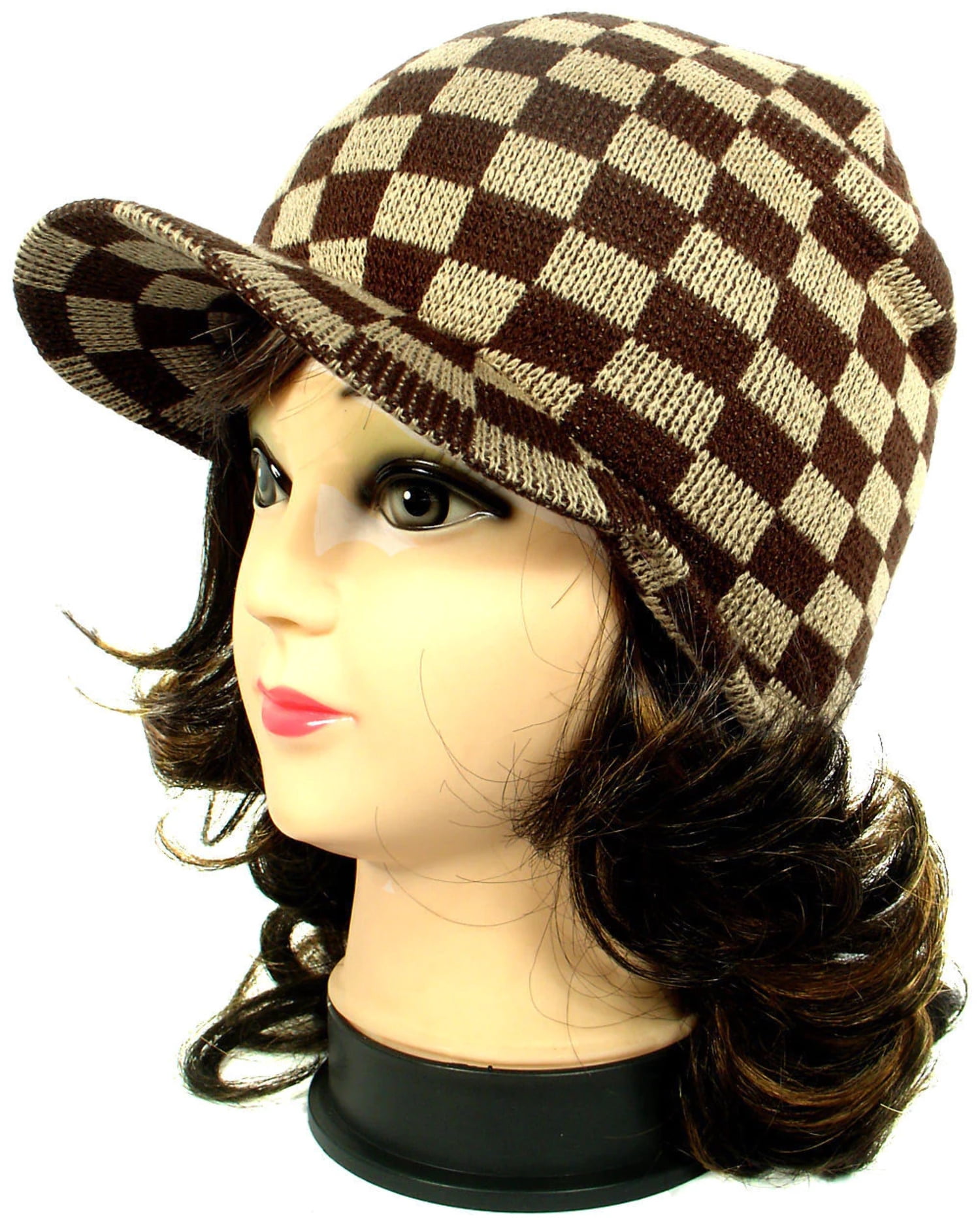 Brown Checkers Warm Winter Knit Crochet Braided Baggy Visor Beanie Hat ...