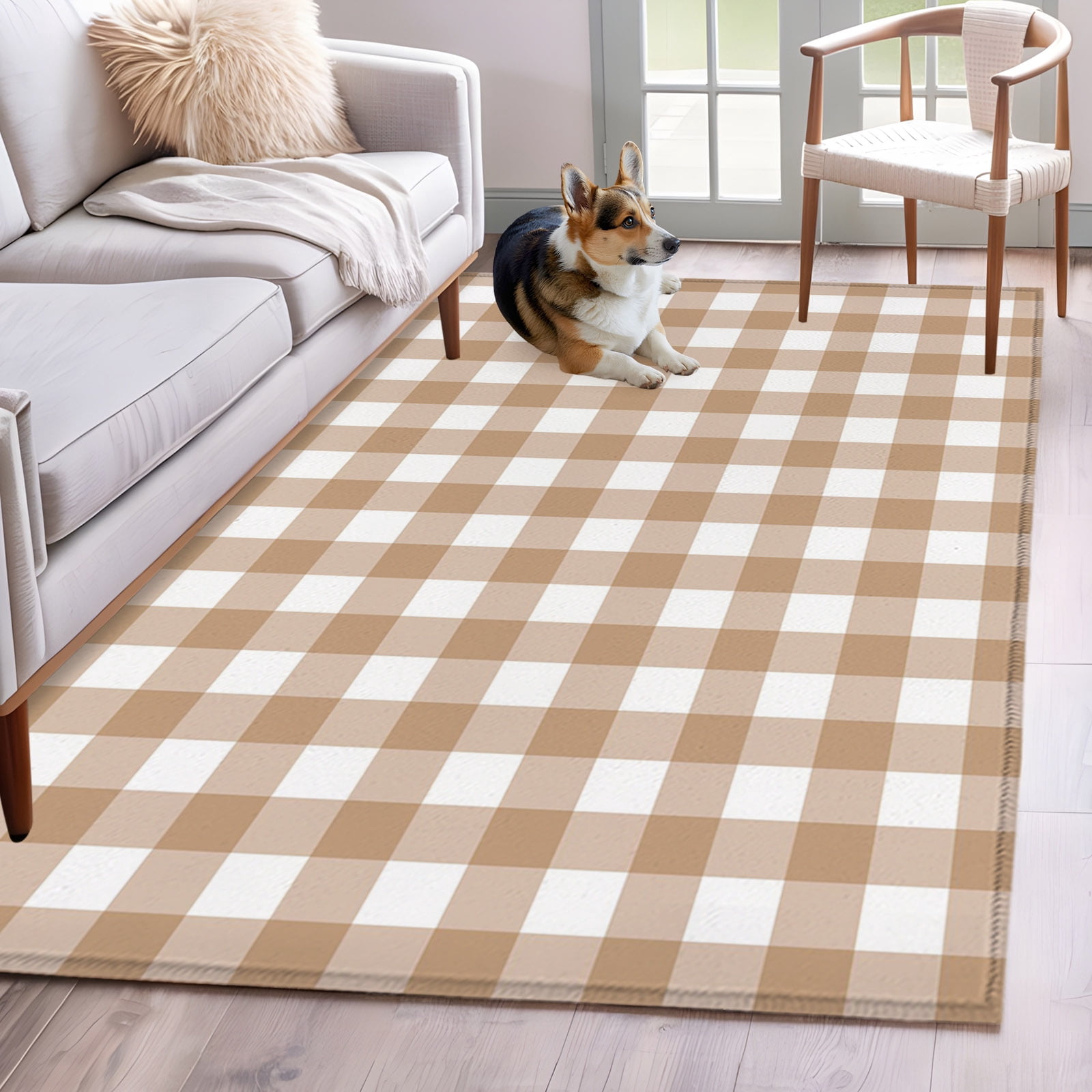 Brown Checks 3'x5' Rug for Bedroom Foot of Bed Small Living Room, Beige ...