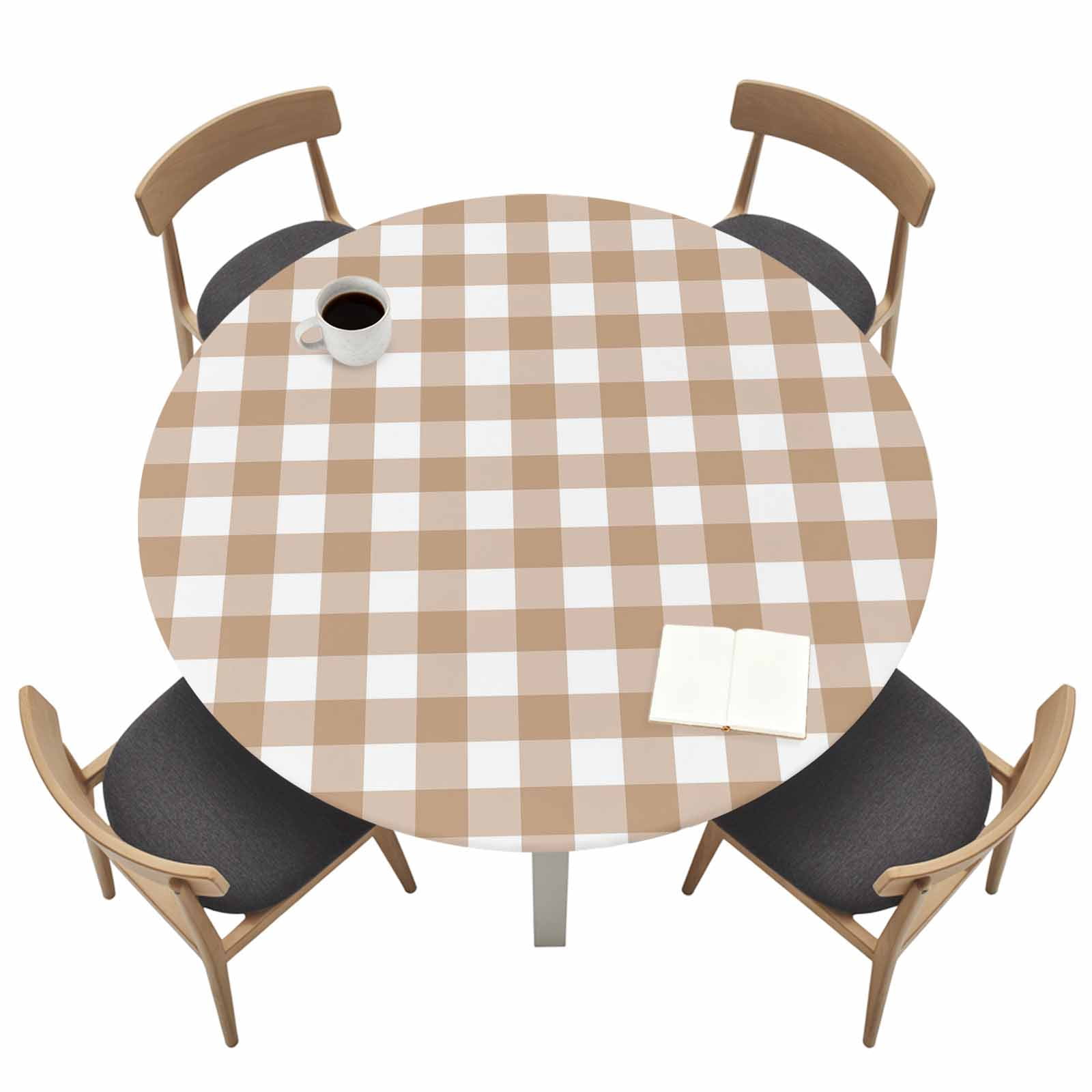 Brown Checks Round Fitted Table Cover Beige Rustic Gingham Plaid ...