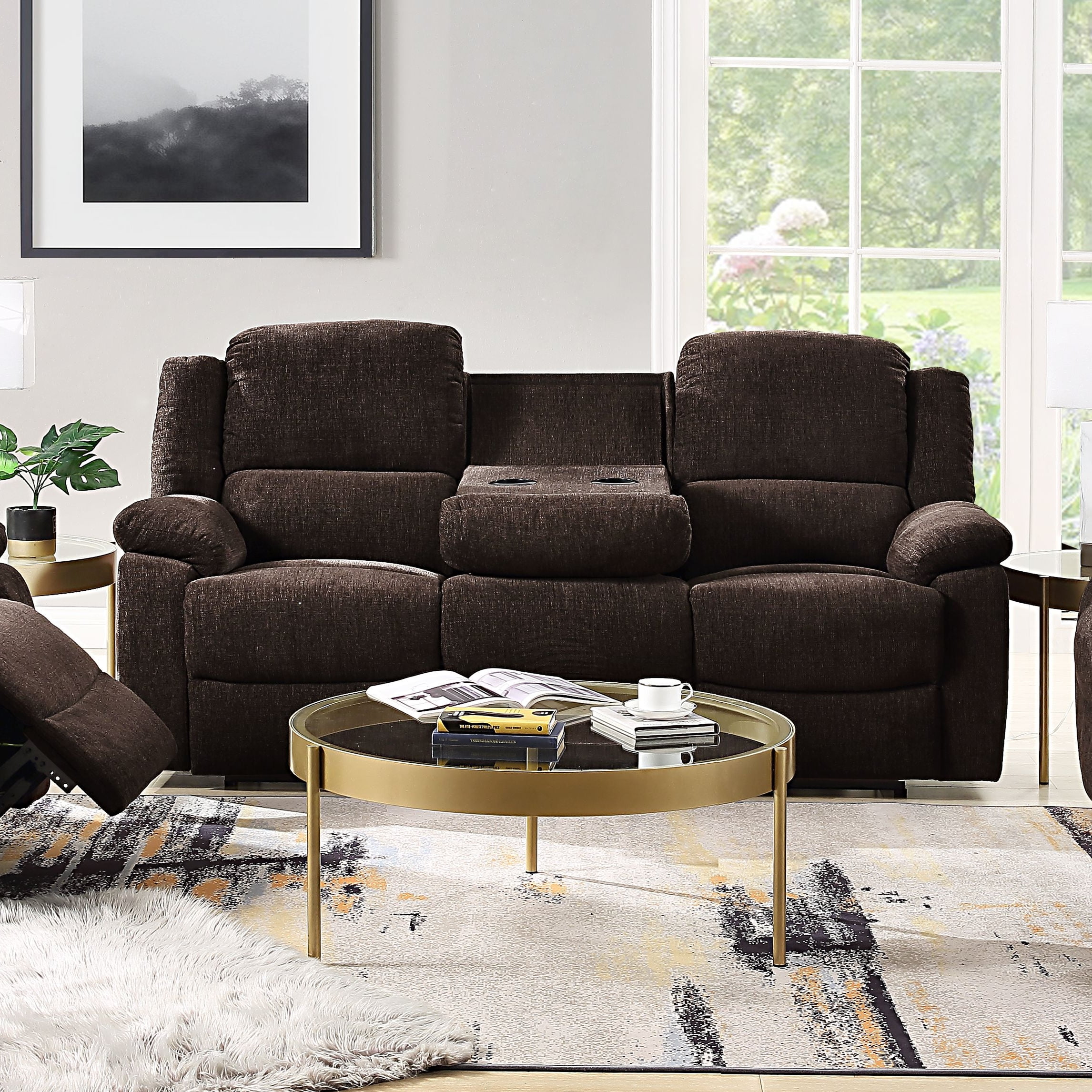 Brown Chenille Recliner Sofa with Drop-Down Table, Motion Reclining ...