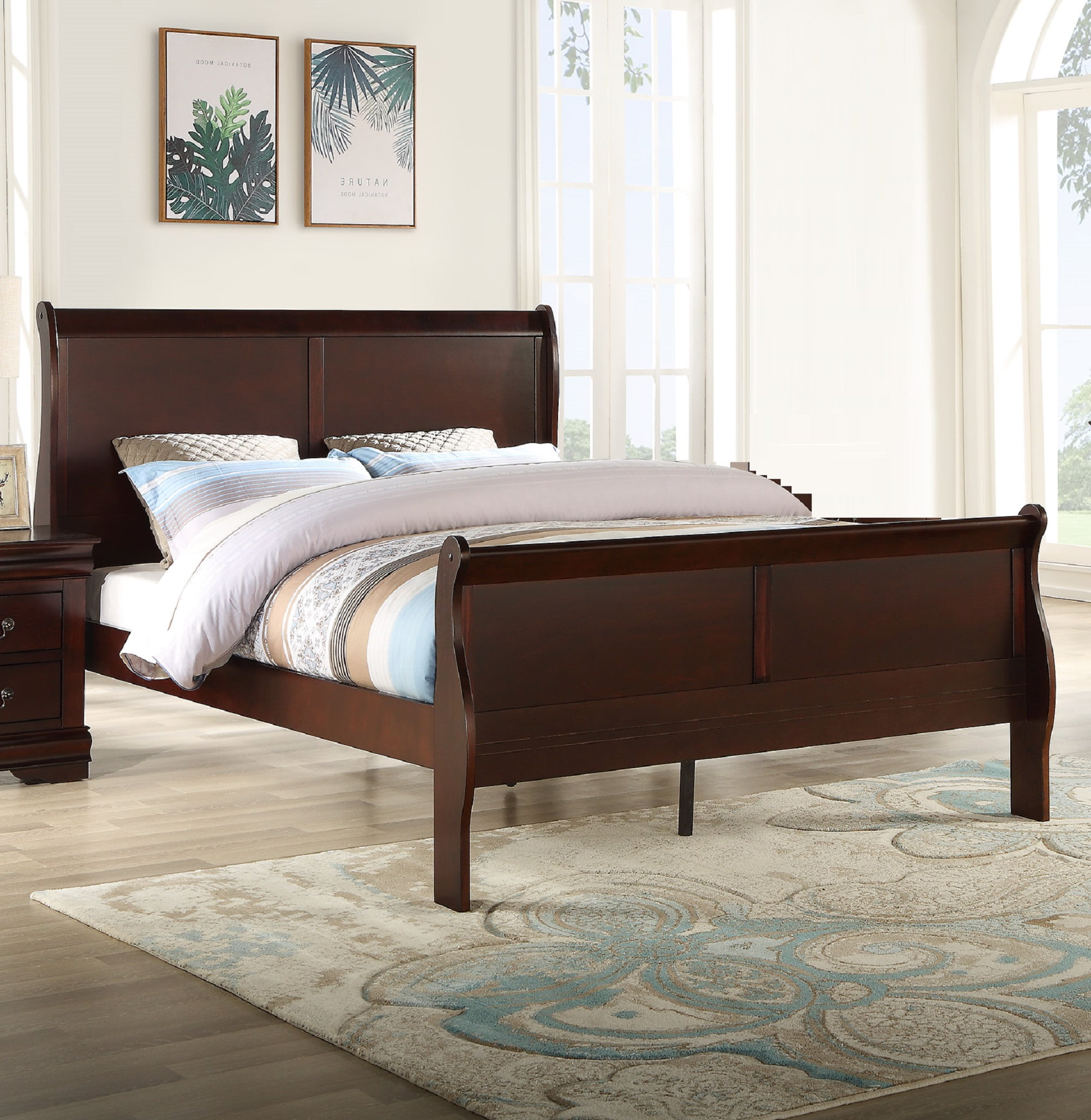 Brown Cherry Finish Queen Size Panel Sleigh Bed Solid Wood Wooden ...