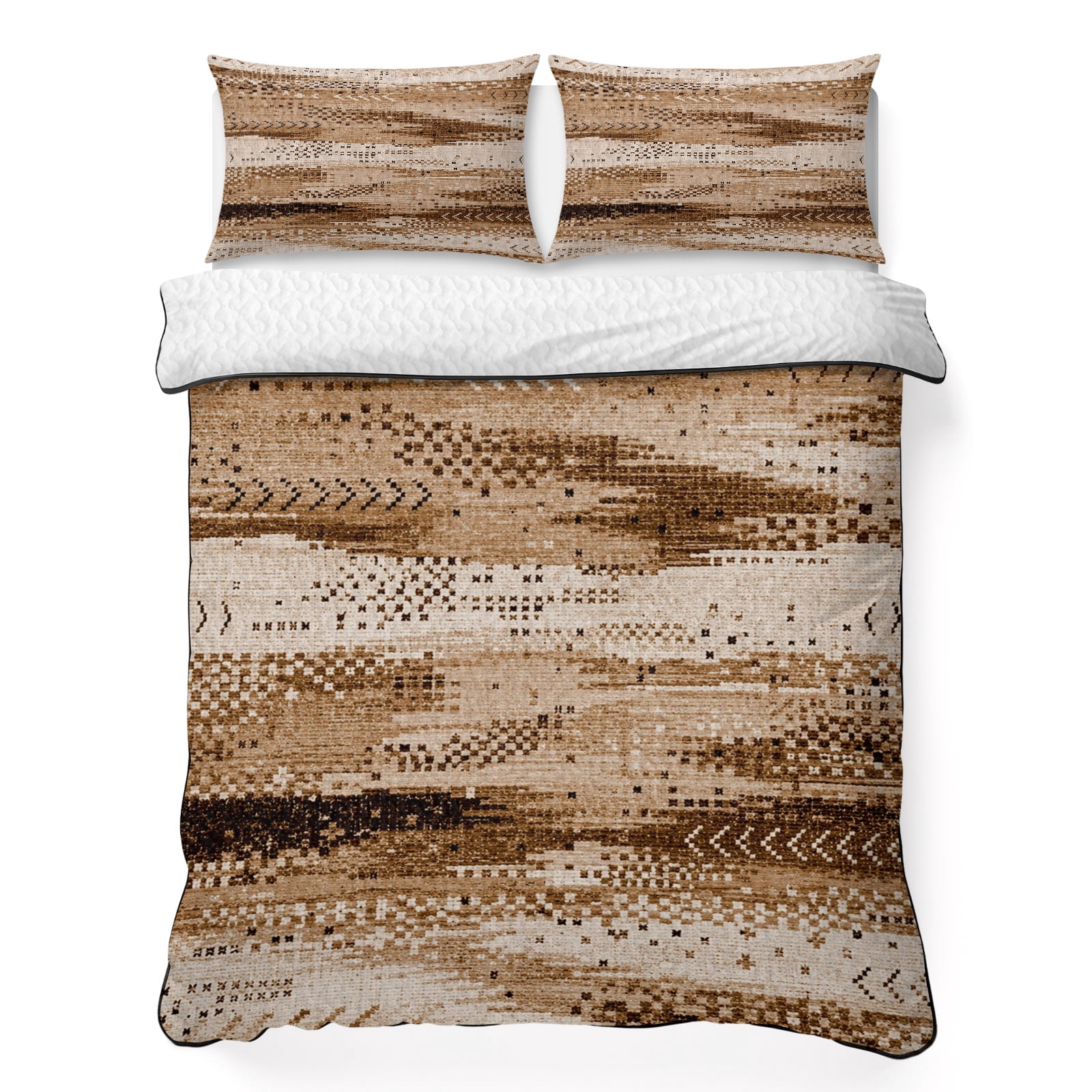 Brown Chevron Bands 3 Piece Quilt Bedding Set with 2 Pillow Shams ...