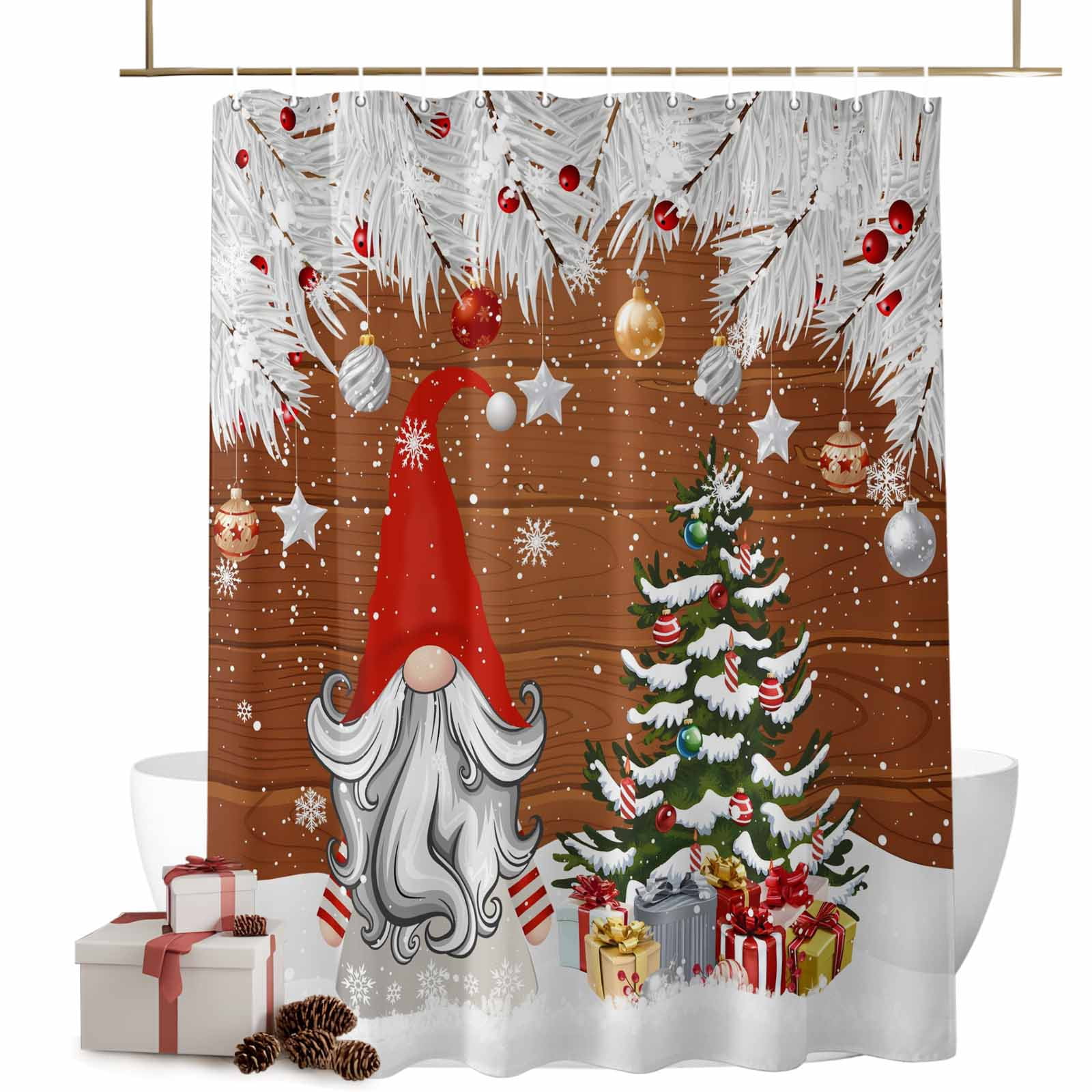 Brown Christmas Bathroom Shower Curtain Dwarf Present Xmas Ball ...