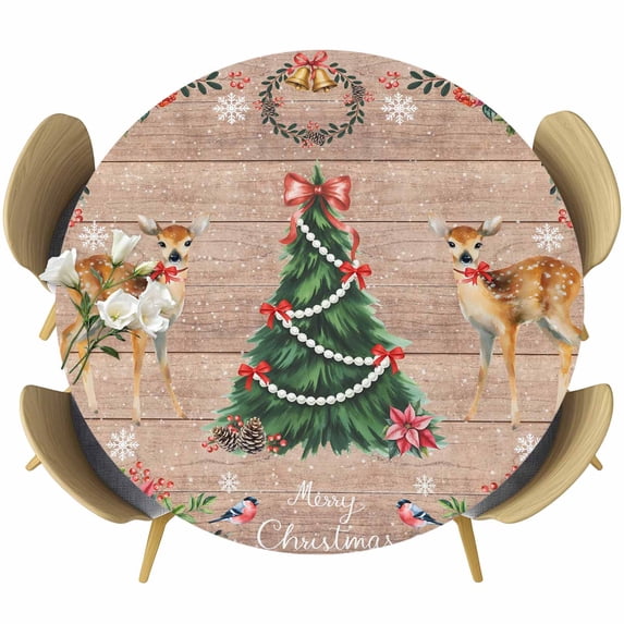 Brown Christmas Round Tablecloth, Fitted Table Cover with Elastic for ...