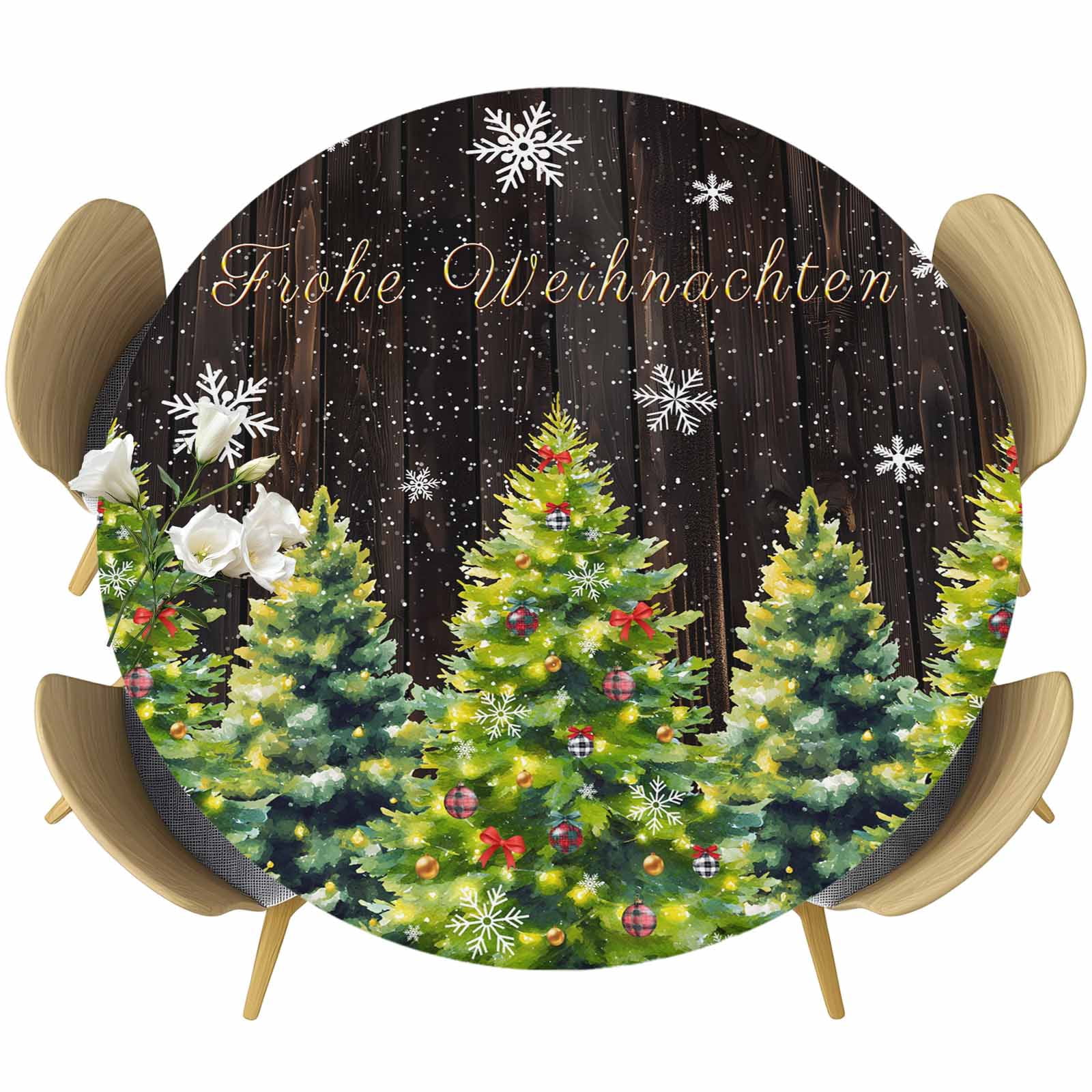 Brown Christmas Tree Round Tablecloth, Fitted Table Cover with Elastic ...