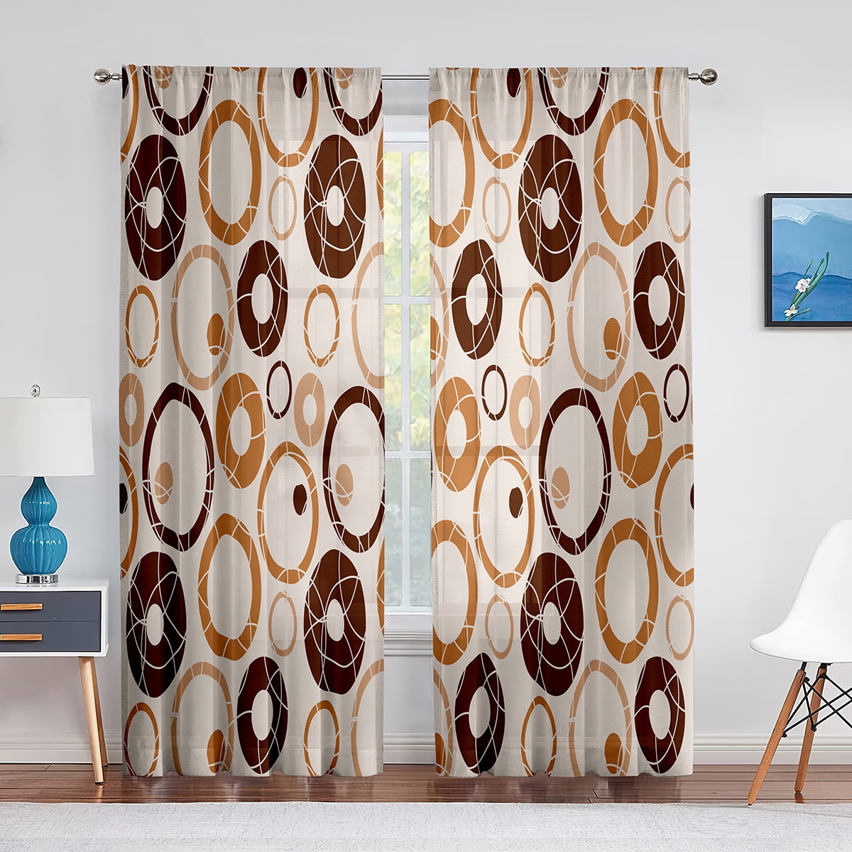 Brown Circles Dots Pattern Tulle Window Curtains for Living Room ...