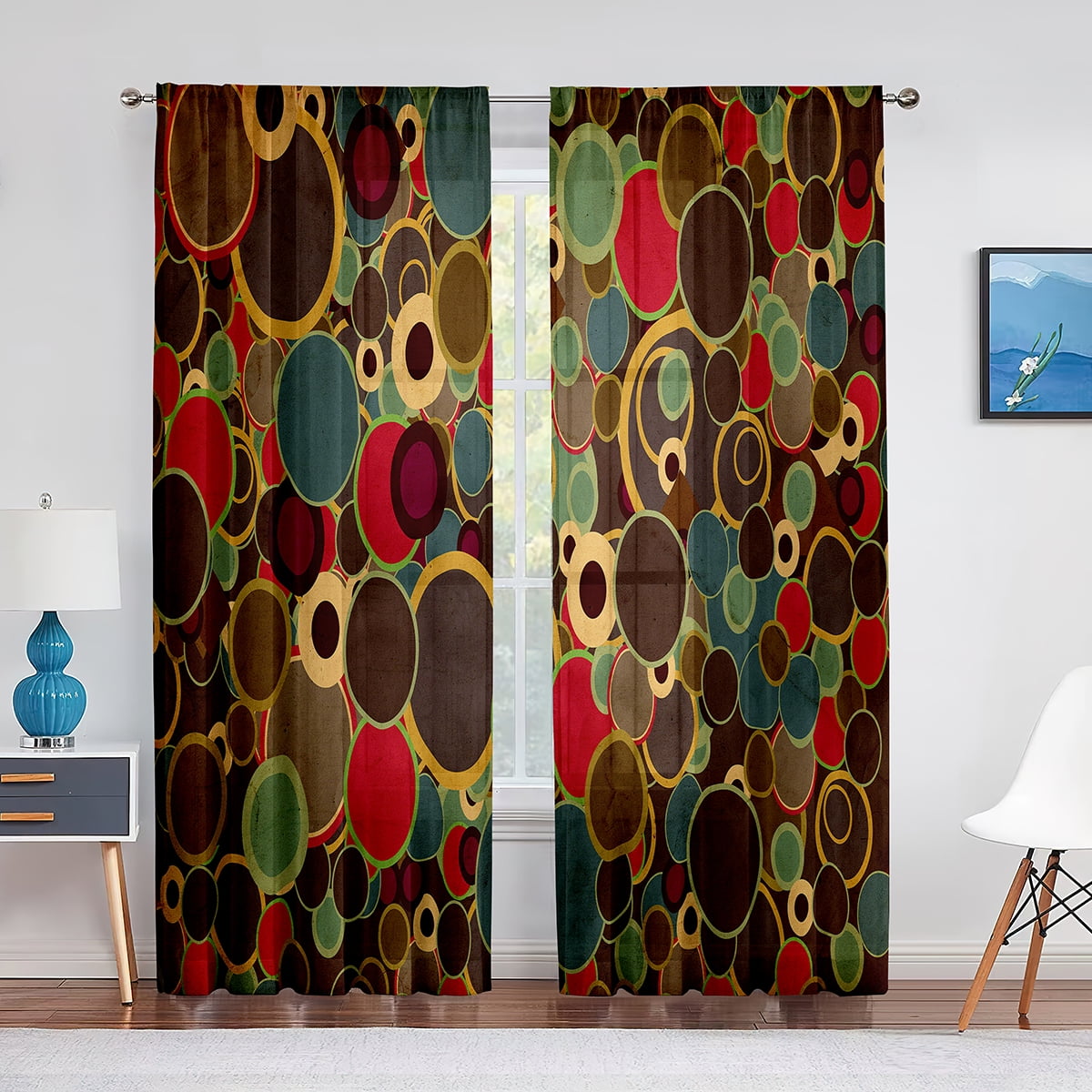 Brown Circles Dots Pattern Tulle Window Curtains for Living Room ...