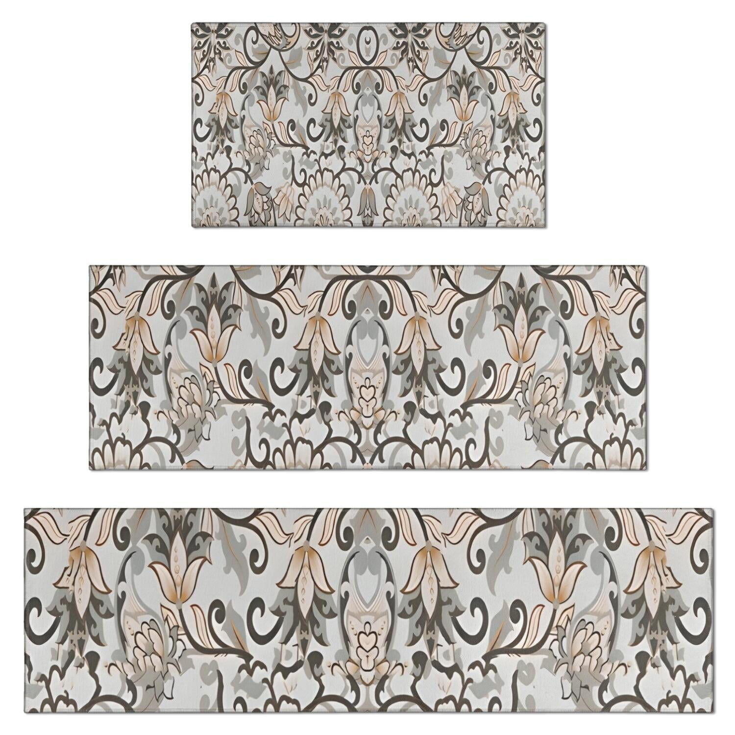 Brown Classic Floral and Scroll Pattern Kitchen Rugs Sets Of 3,Kitchen ...