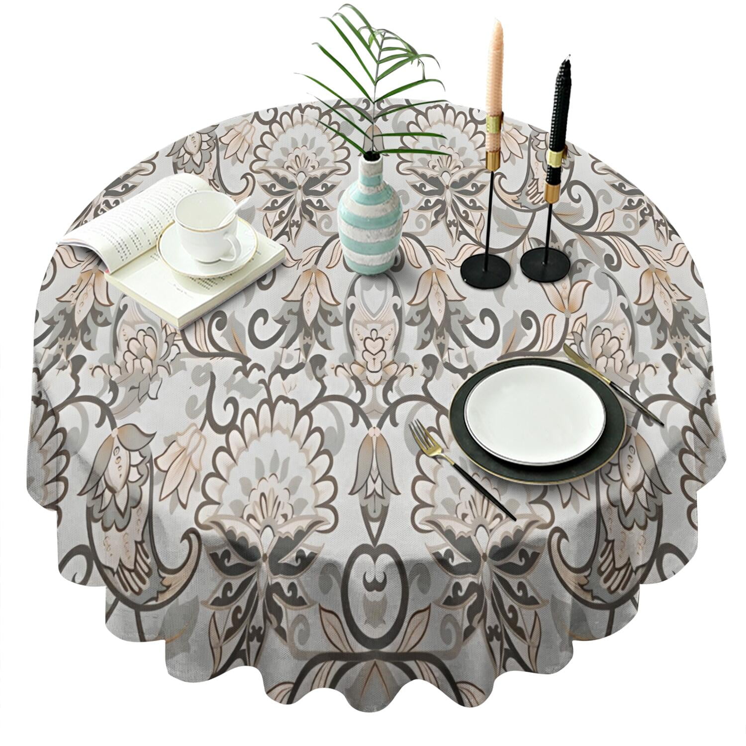 Brown Classic Floral and Scroll Pattern Round Tablecloth 60"x60 ...