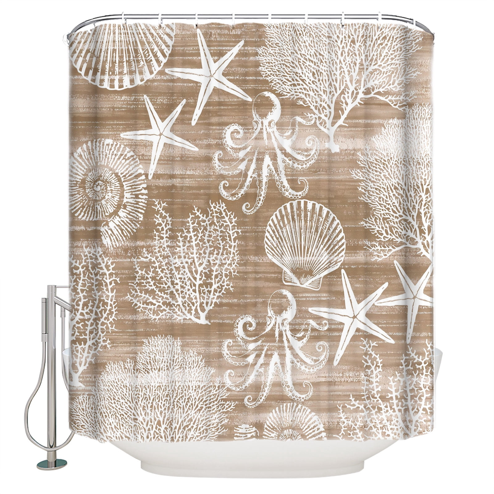 Brown Coastal Bathroom Shower Curtains with 12 Hooks Waterproof Shower ...